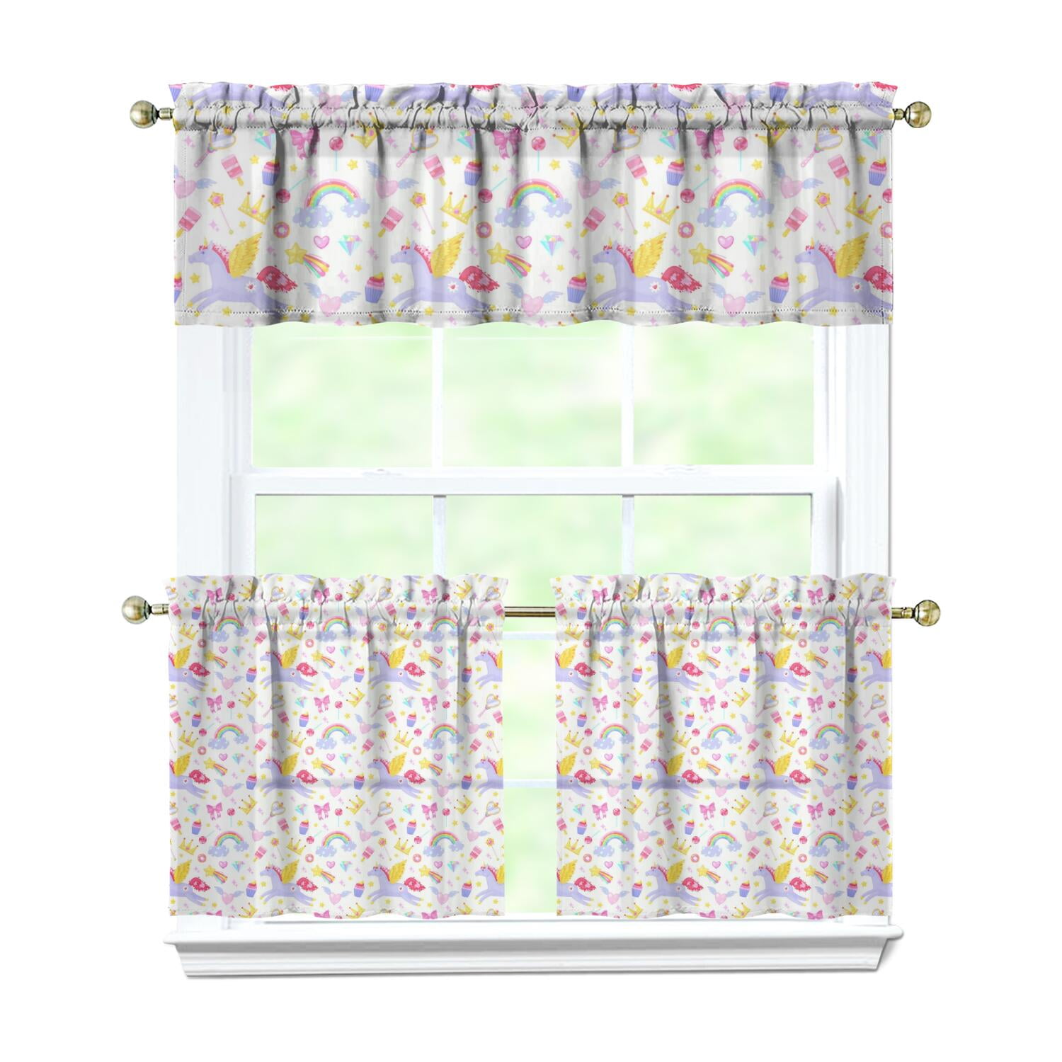 3 Pack Unicorn Print Kitchen Curtains Set - 54x18 Inch Valance & 2 Tier ...