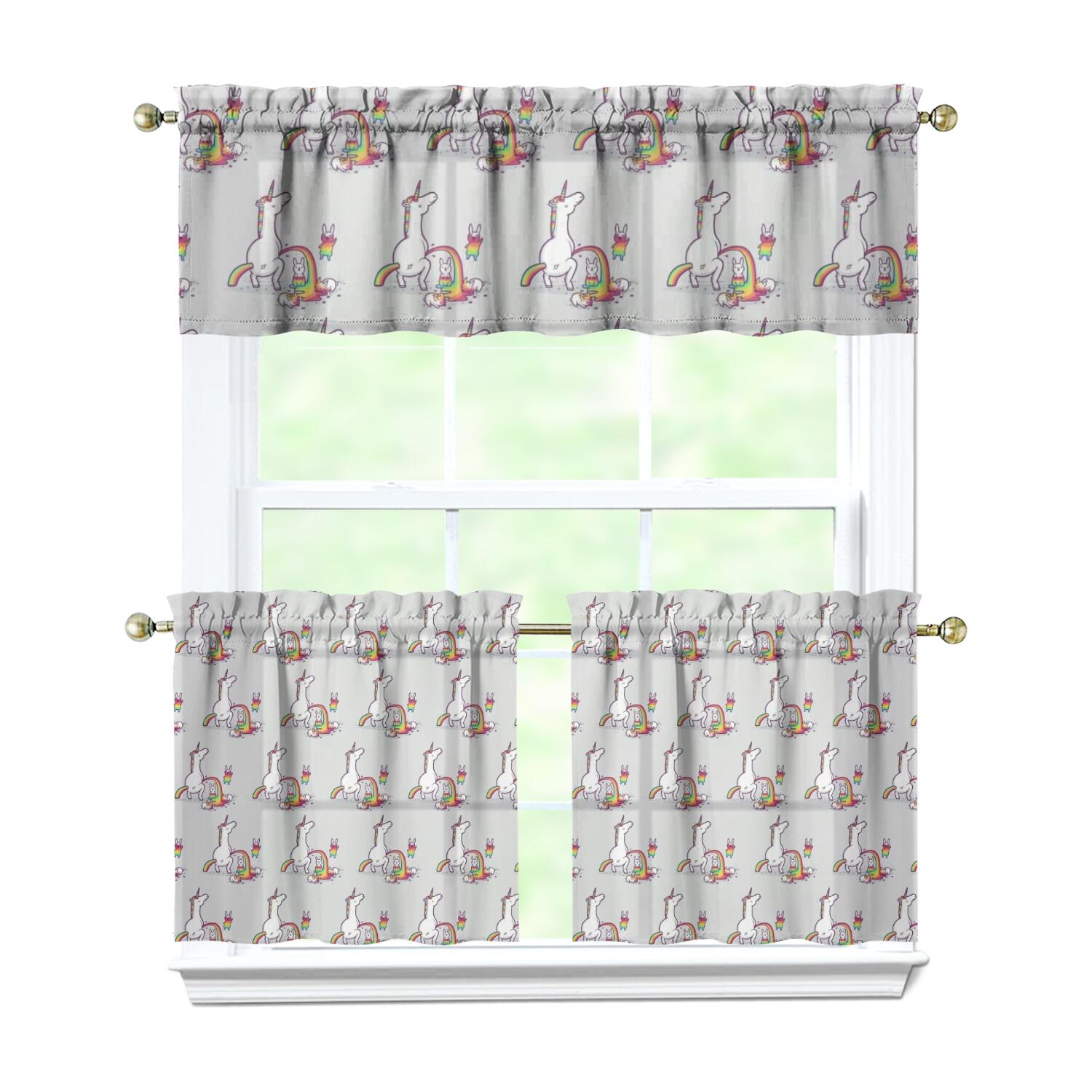 3 Pack Unicorn Print Kitchen Curtains Set - 54x18 Inch Valance & 2 Tier ...