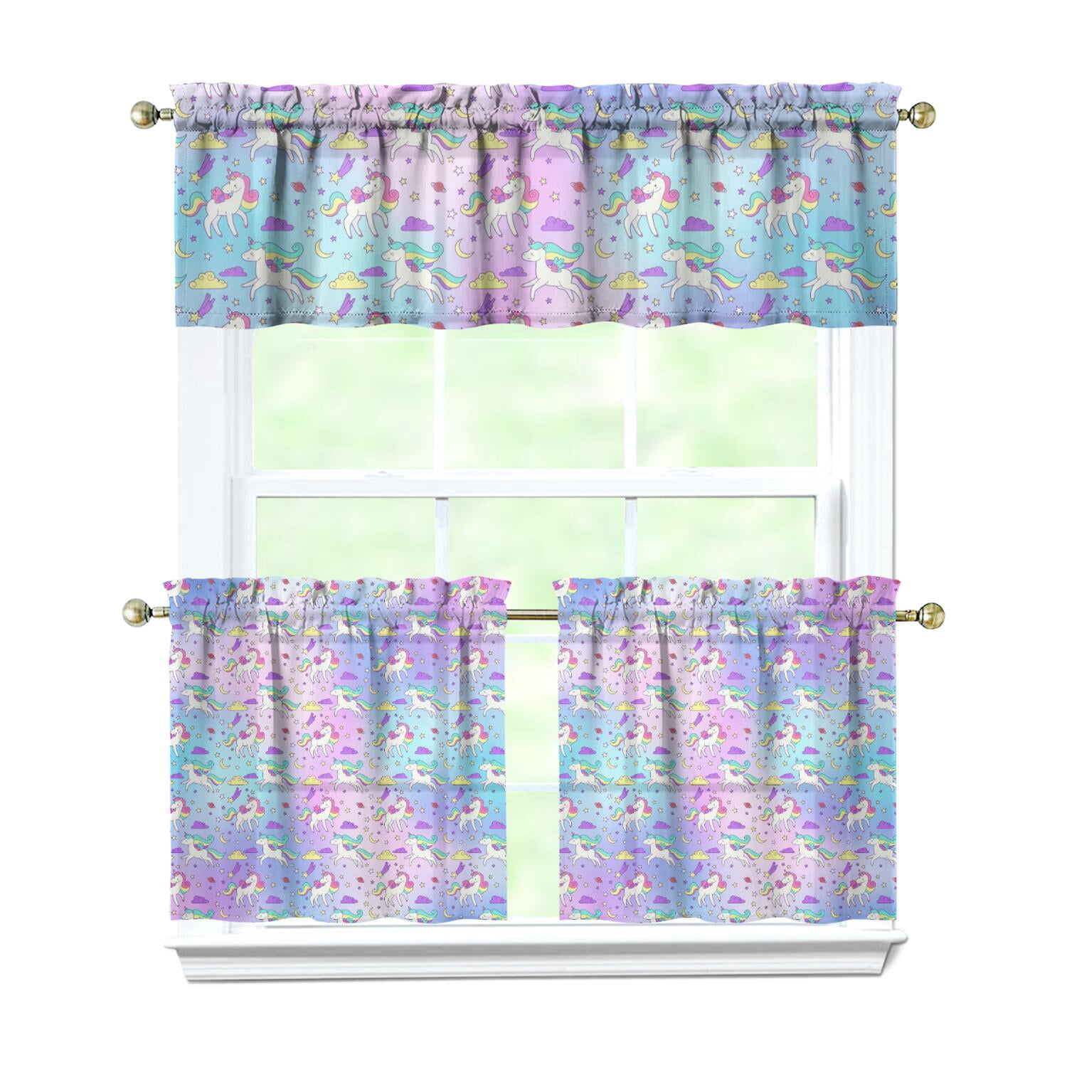 3 Pack Unicorn Print Kitchen Curtains Set - 54x18 Inch Valance & 2 Tier ...
