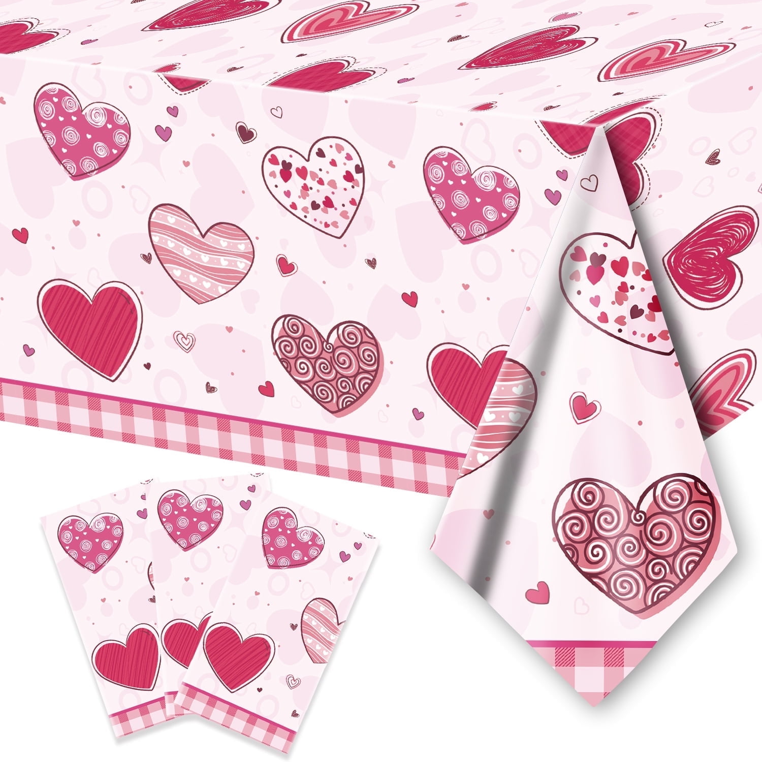 3 Pack Pink Heart Tablecloths 87x51 Inch, Romantic Love Heart Plastic ...