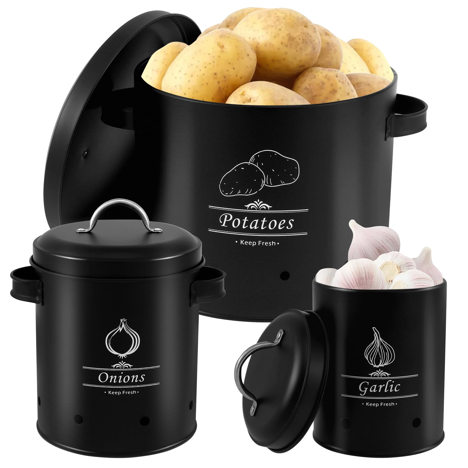 3 Pack Vegetable Storage Tins Metal Onion Garlic Potato Jars Set ...