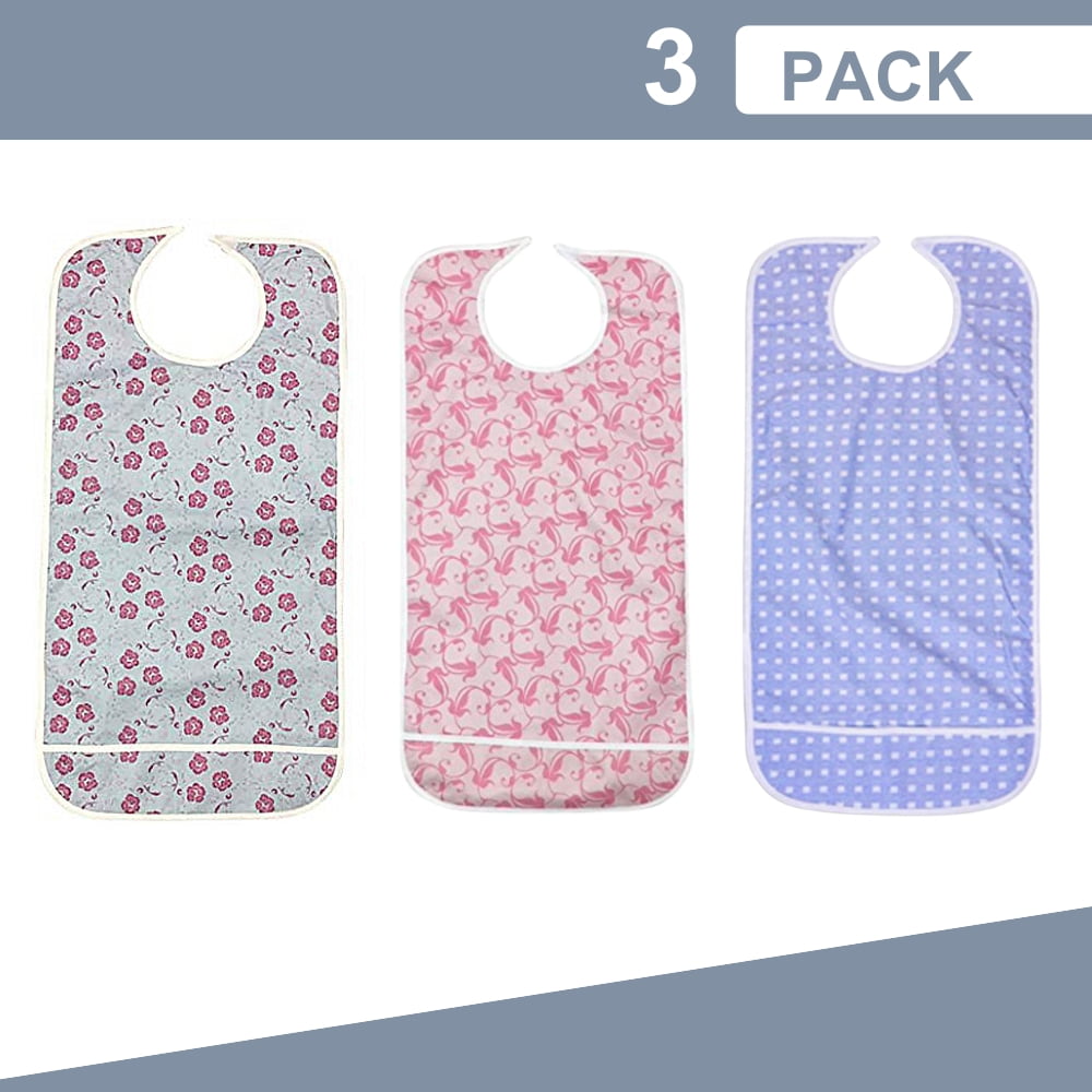 3 Pack Vinyl Backing Adult Bibs with Crumb Catcher and Velcro Closure ...