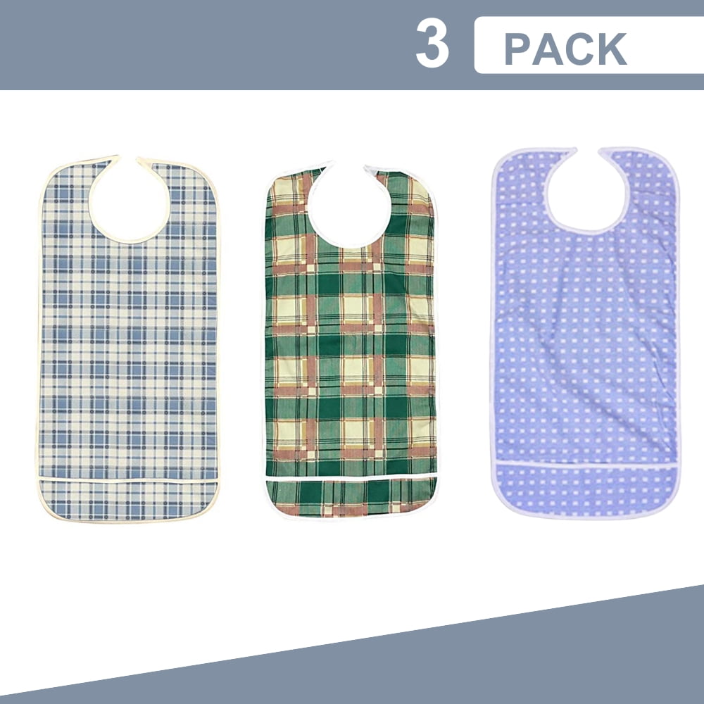 3 Pack Vinyl Backing Adult Bibs with Crumb Catcher and Velcro Closure ...