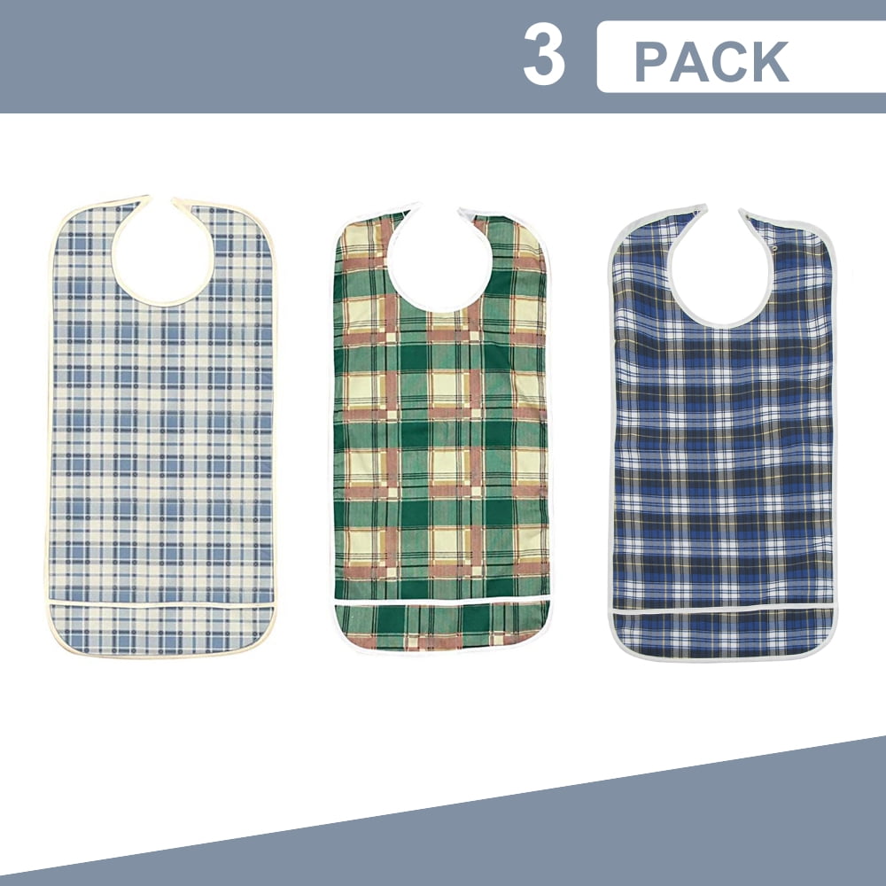 3 Pack Vinyl Backing Adult Bibs with Crumb Catcher and Velcro Closure ...