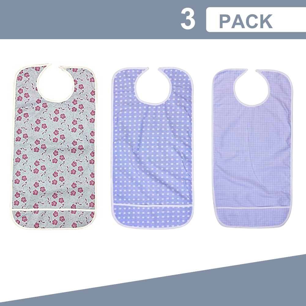 3 Pack Vinyl Backing Adult Bibs with Crumb Catcher and Velcro Closure ...