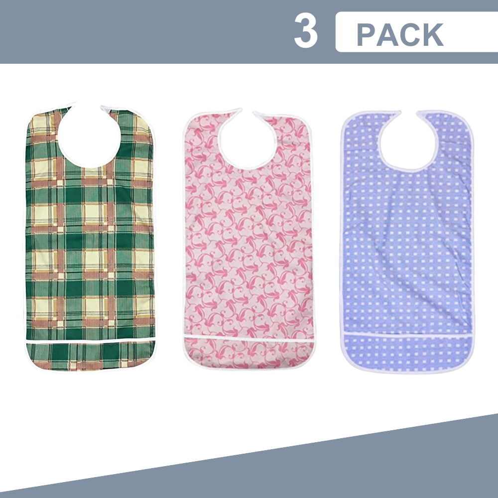 3 Pack Vinyl Backing Adult Bibs with Crumb Catcher and Velcro Closure ...