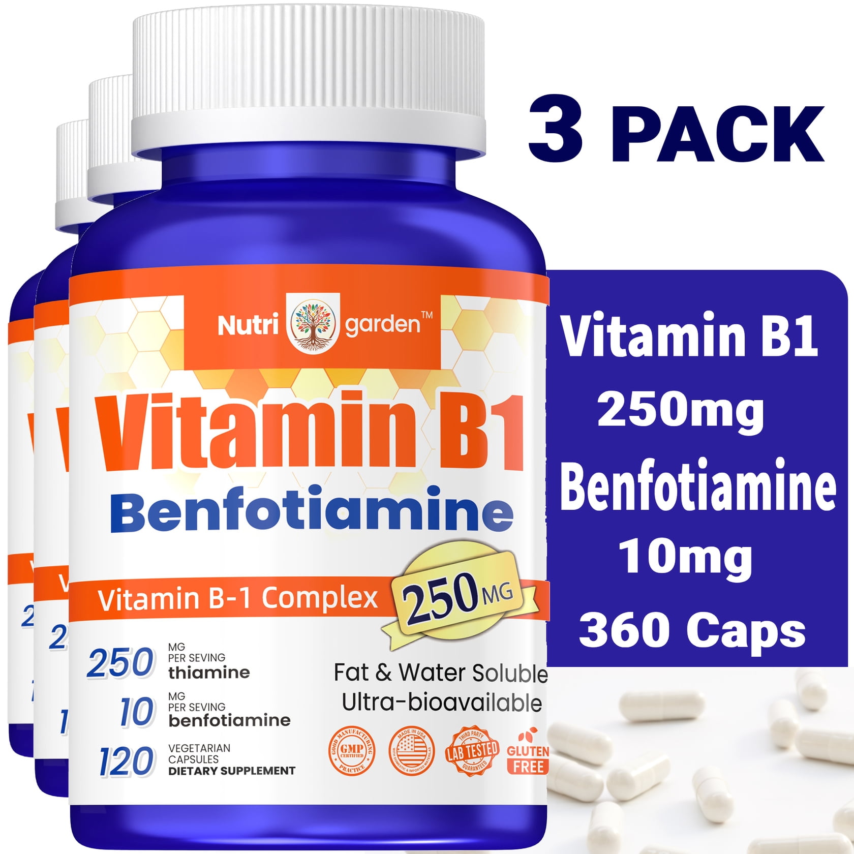 (3 Pack) Vitamin B1 (Thiamin) 250mg, 120 Vegetrian Capsules (3 Bottles ...