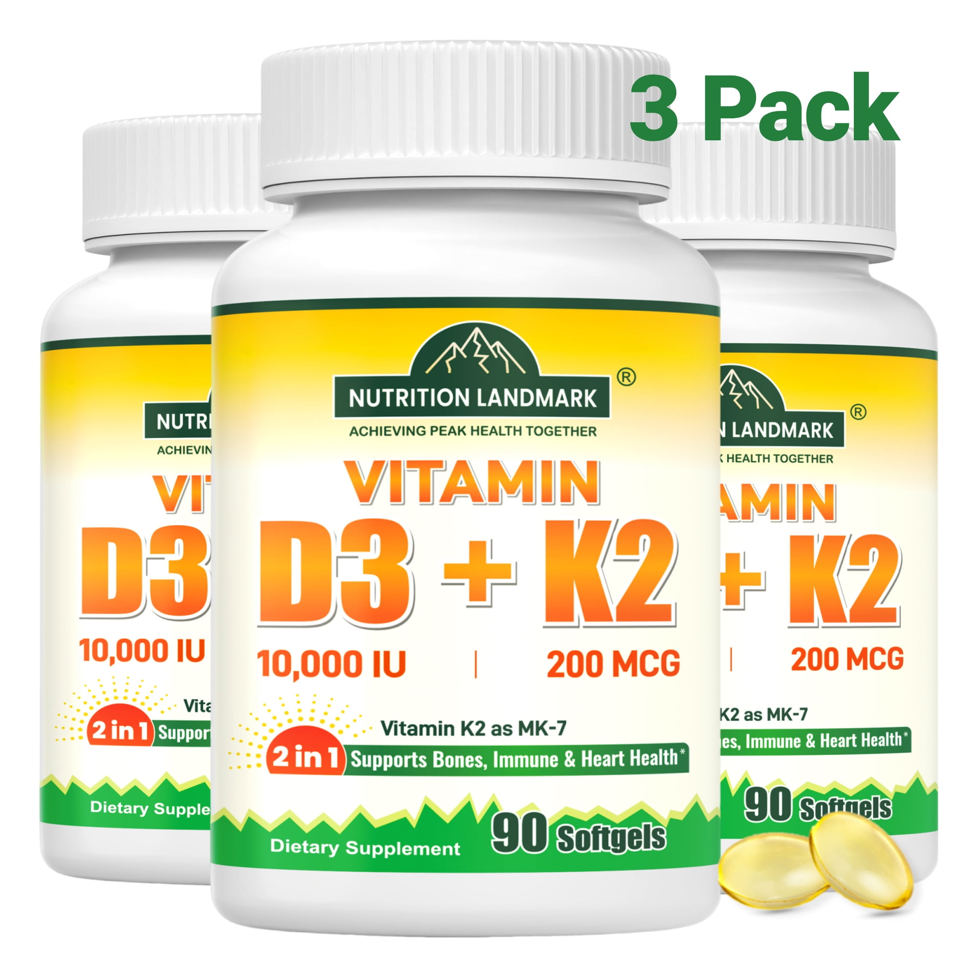 3 Pack Vitamin K2 (MK7) with D3 Supplement Formula 10,000 IU Vitamin D3 ...