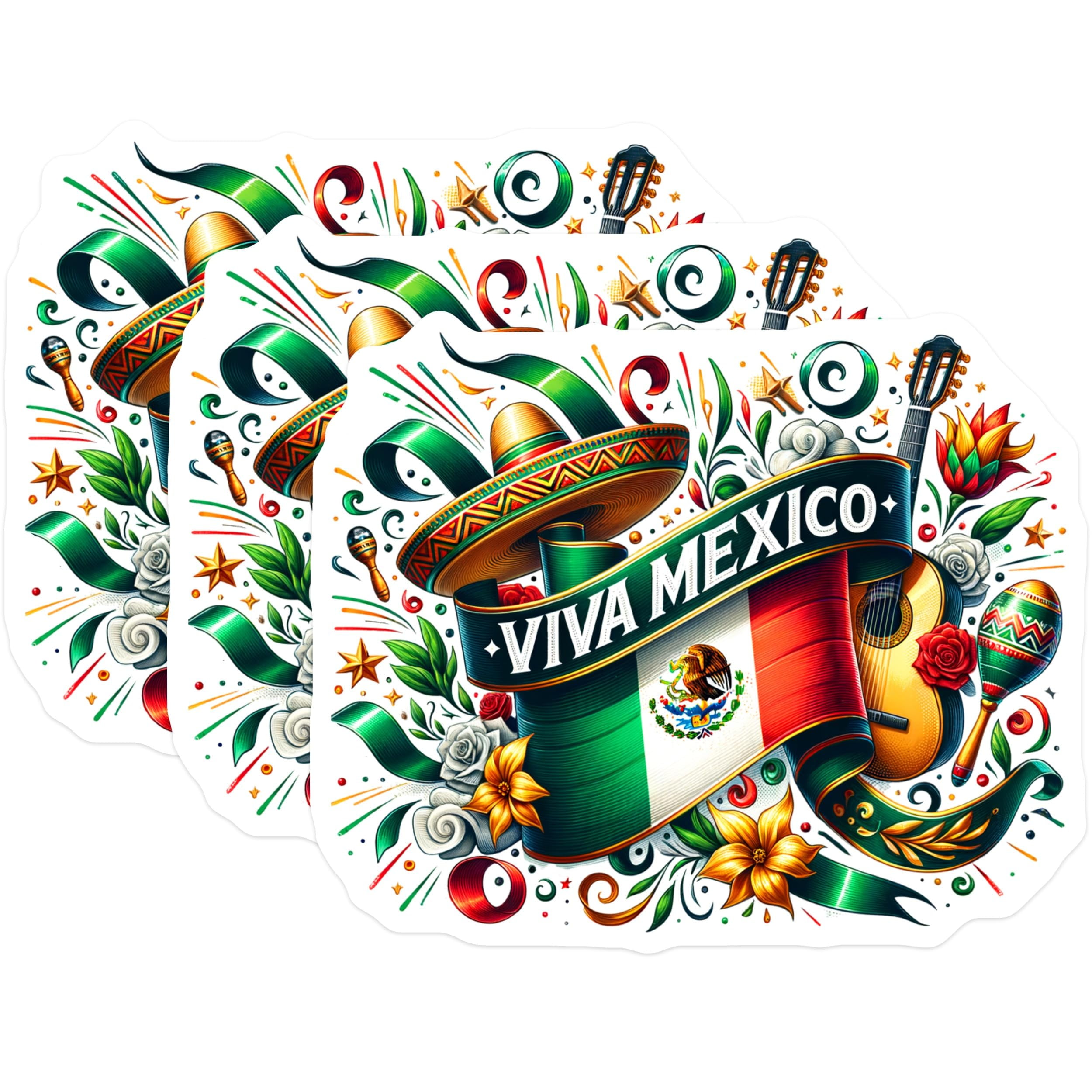 (3 Pack) Viva Mexico Decals - Mexican Flag - Mariachi Guitar- 3 Inches ...