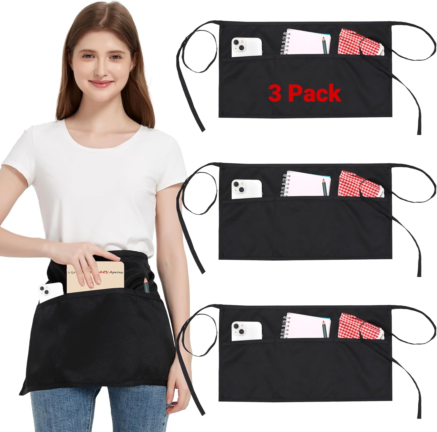 3 Pack Waist Apron with 3 Pockets, Unisex Black Waiter Aprons, Water ...