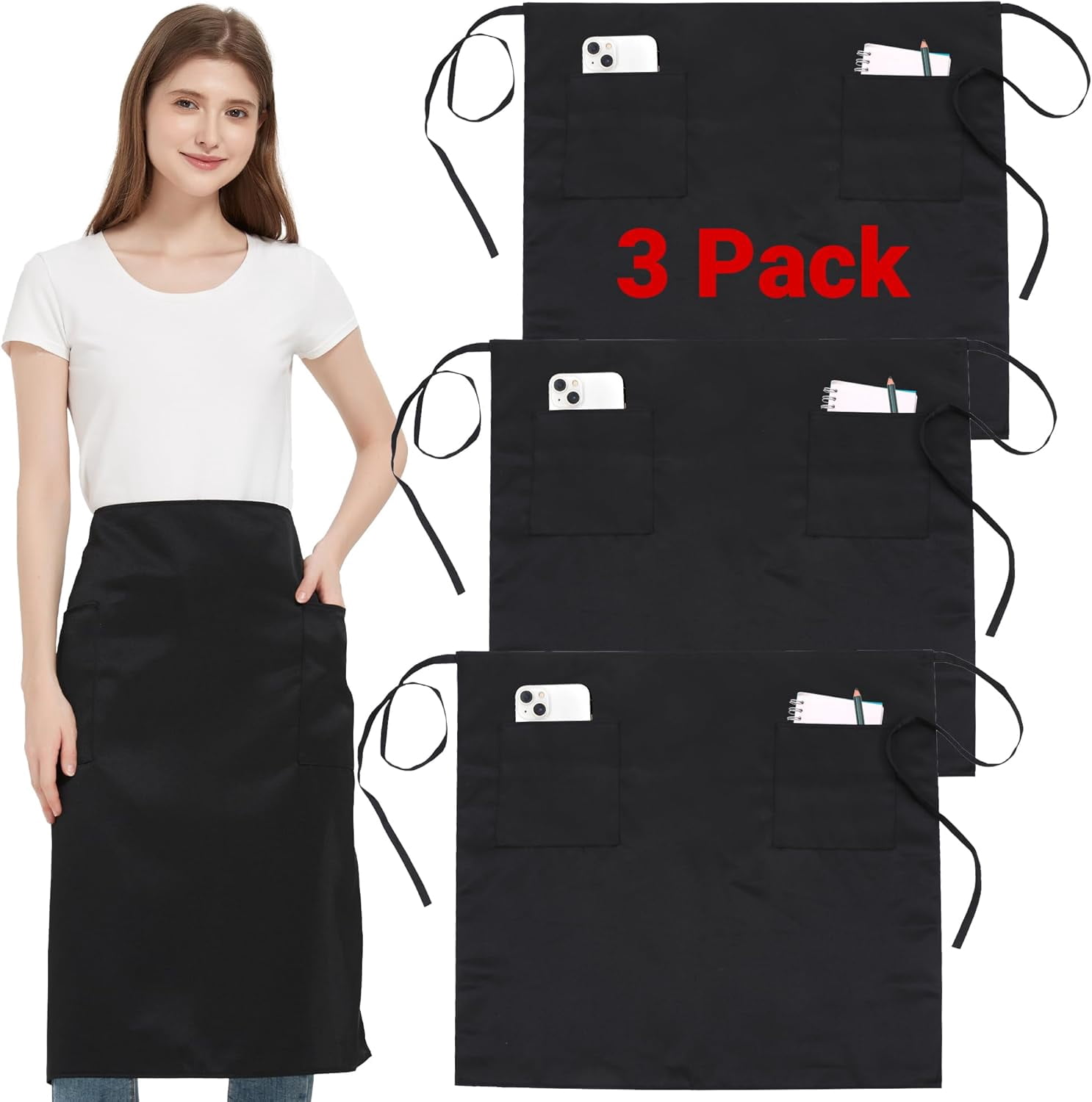 3 Pack Waist Apron with 3 Pockets, Unisex Black Waiter Aprons, Water ...