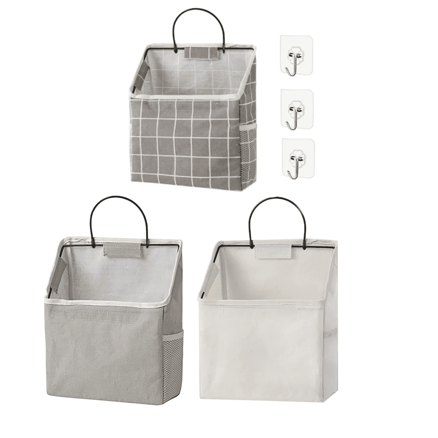 Bevtee Wall Hanging Storage Bag 3 Pack with Sticky Hooks Durable Cotton ...
