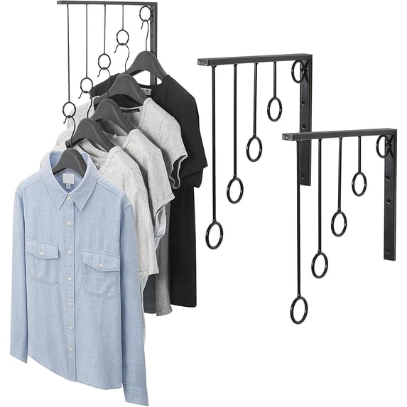3 Pack Wall Mounted Black Metal Garment Rack with 5 Hanging Rings ...