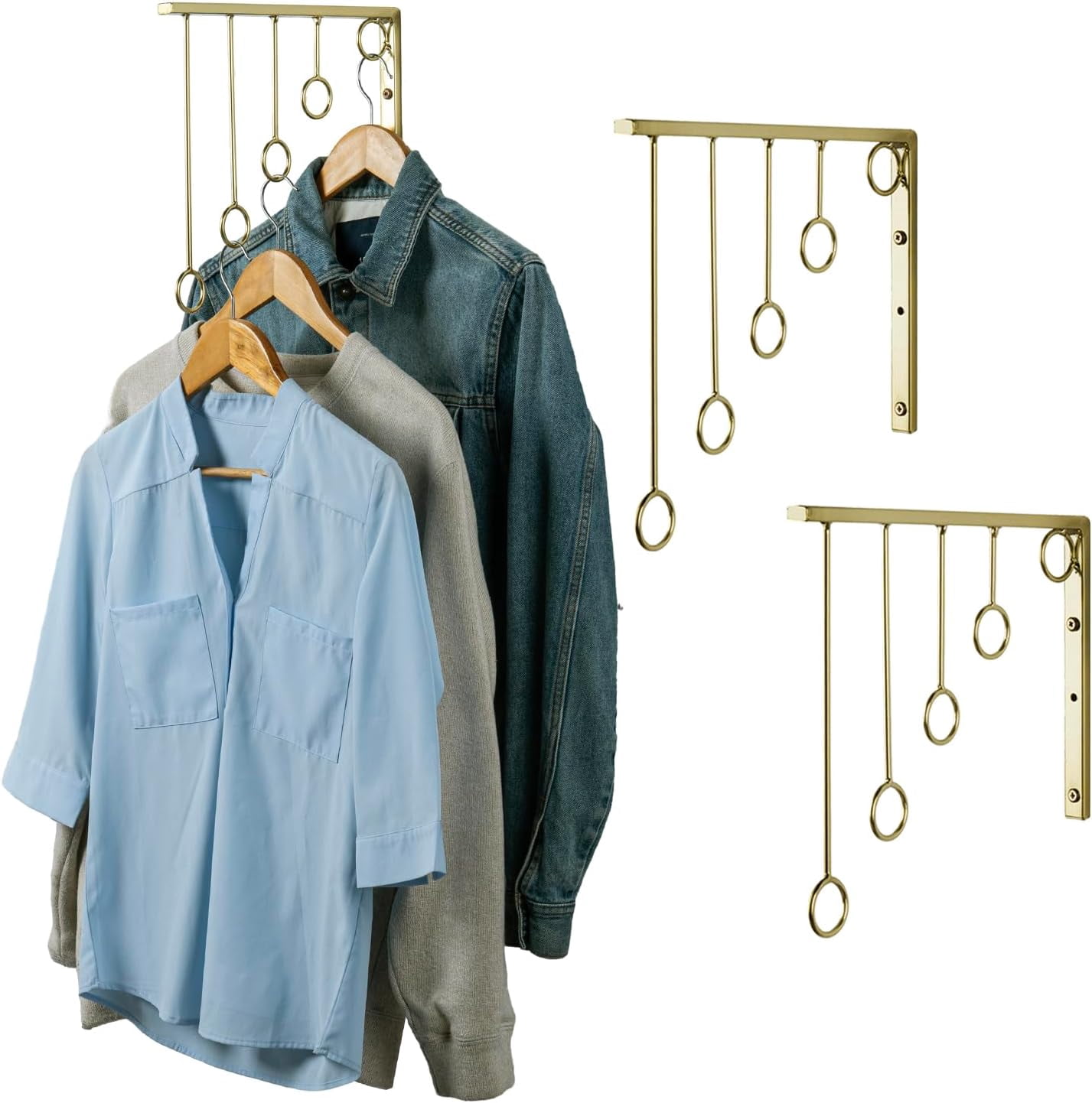 3 Pack Wall Mounted Gold Tone Metal Garment Rack with 5 Hanging Rings ...
