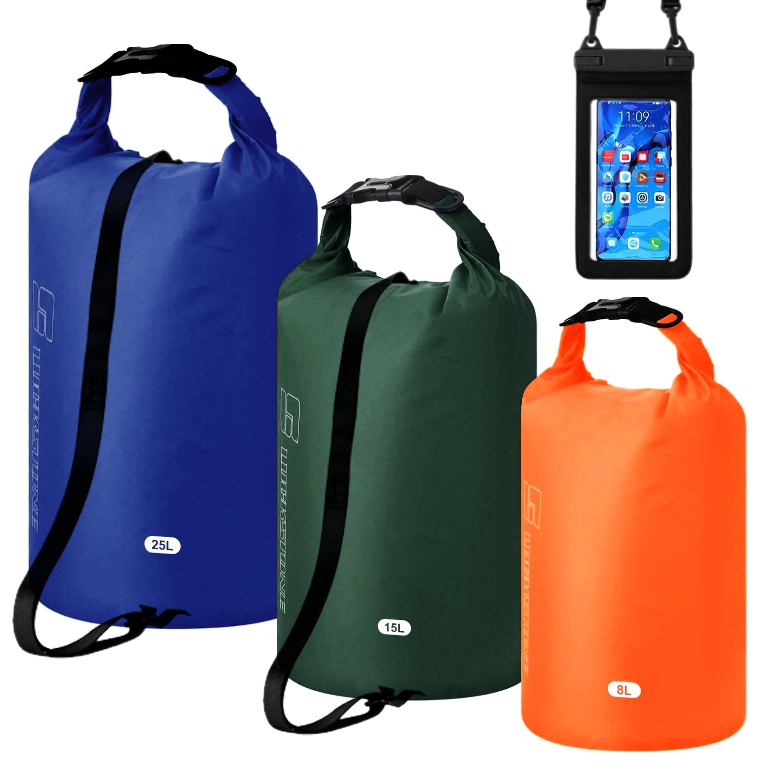 Circle S Waterproof Dry Bag 3-Pack with Phone Pouch, 8L, 15L, 25L, Lightweight for Outdoor ...