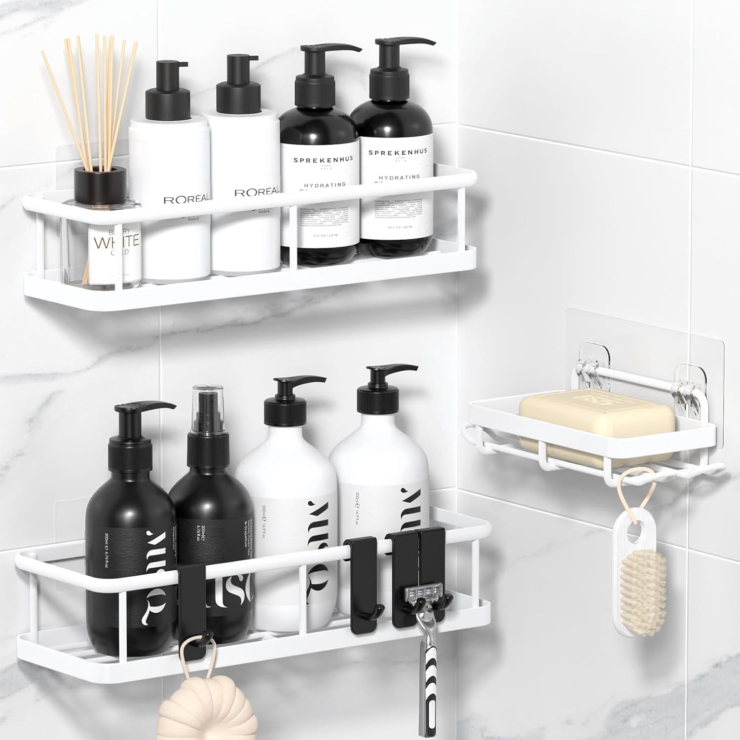 3-Pack White Adhesive Shower Caddy – No Drill Rustproof Bathroom ...