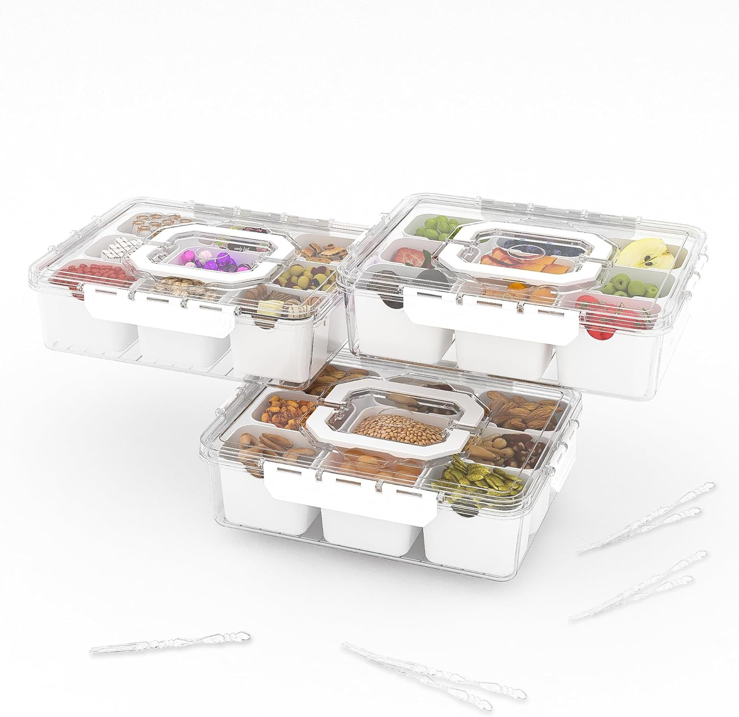 3 Pack White Divided Serving Tray with Lid and Handles 9 Compartments ...