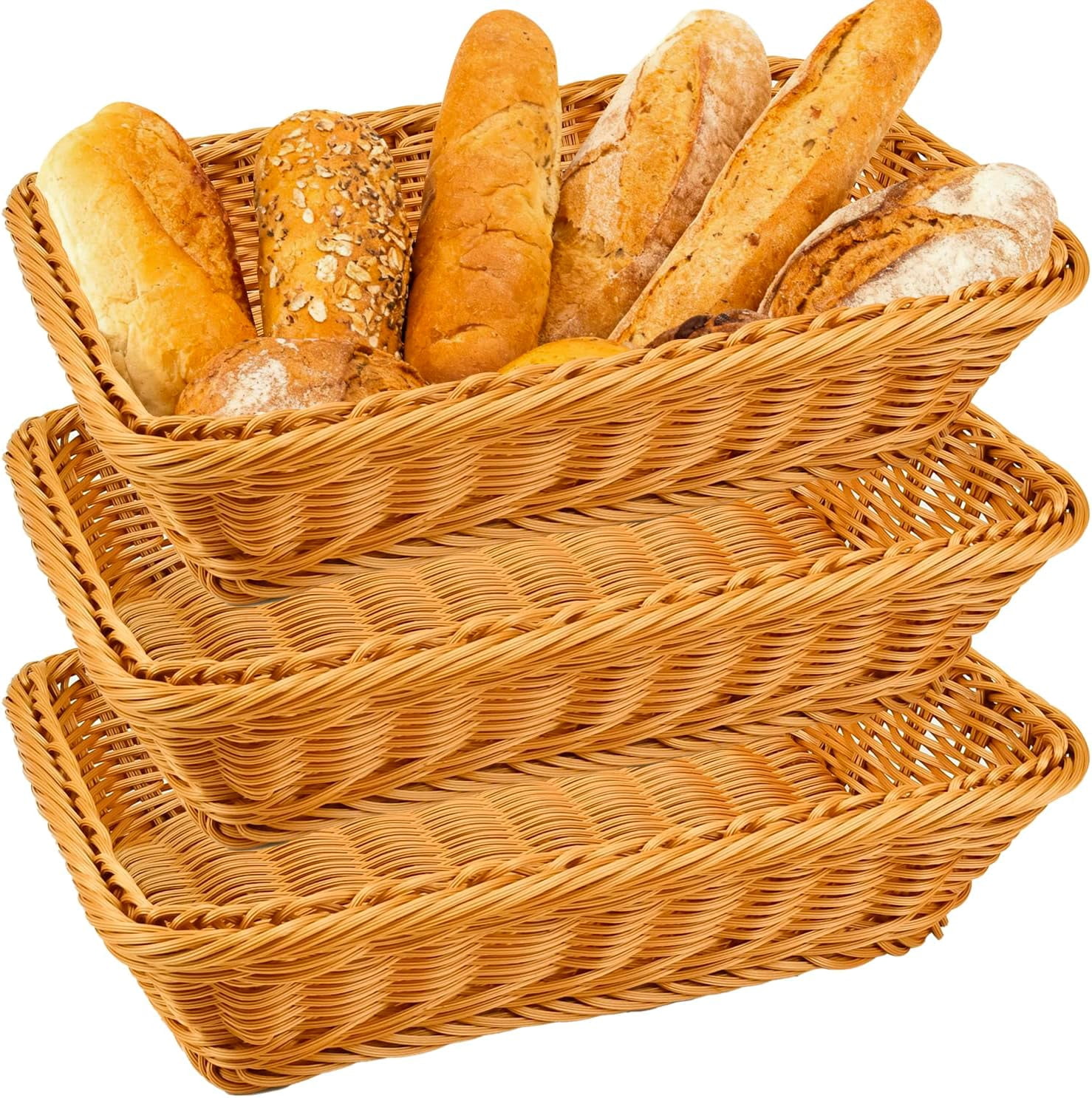 3 Pack Wicker Bread Baskets for Serving 12 Inch Rattan Tray Rectangular ...
