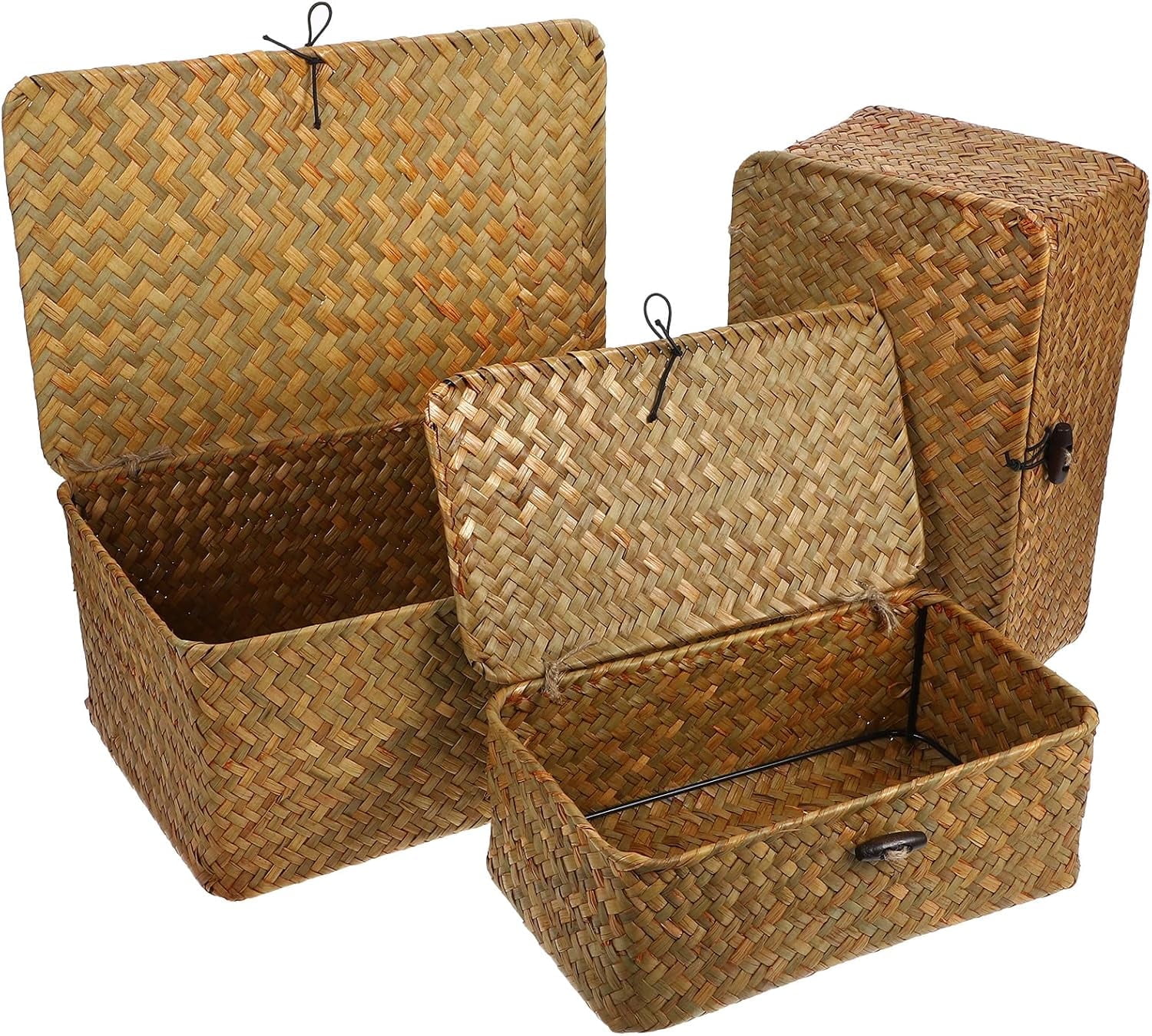 3 Pack Wicker Shelf Baskets Bin with Lid, Handwoven Basket Storage Bins ...