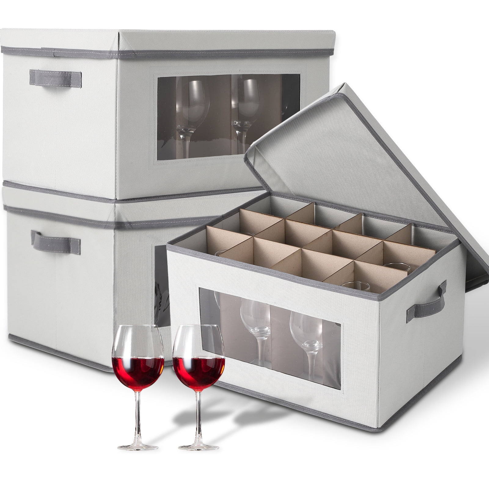 3 Pack Wine Glass Storage Boxes with Dividers, 12-Compartment Stemware ...