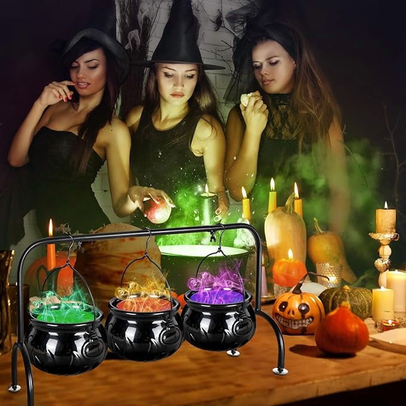 3 Pack Witches Cauldron Serving Bowls on Rack - Black Plastic Halloween ...