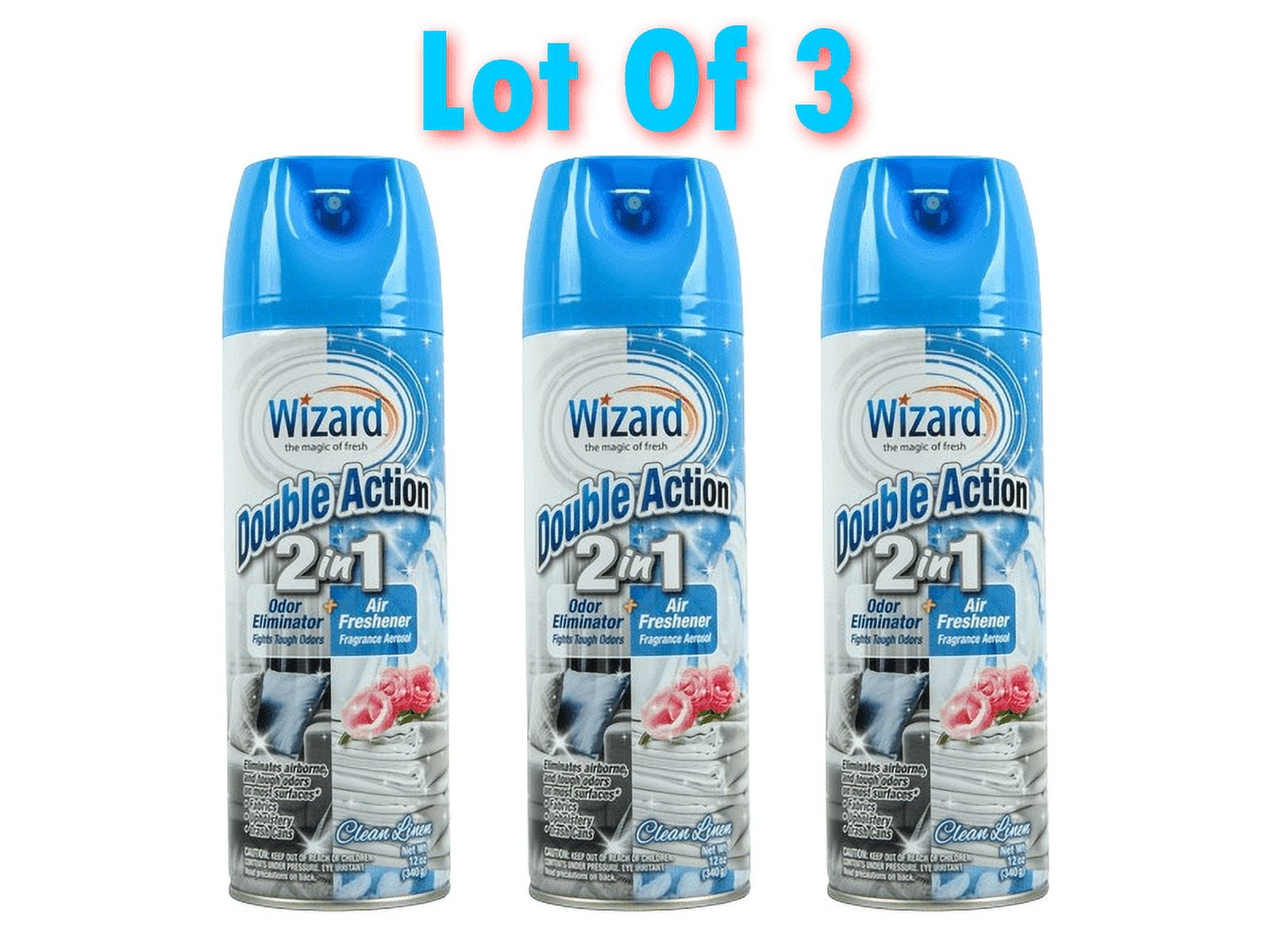 3 Pack Wizard Double Action 2 in 1 Odor Eliminator and Air Freshener Clean Linen Scent 12oz ...
