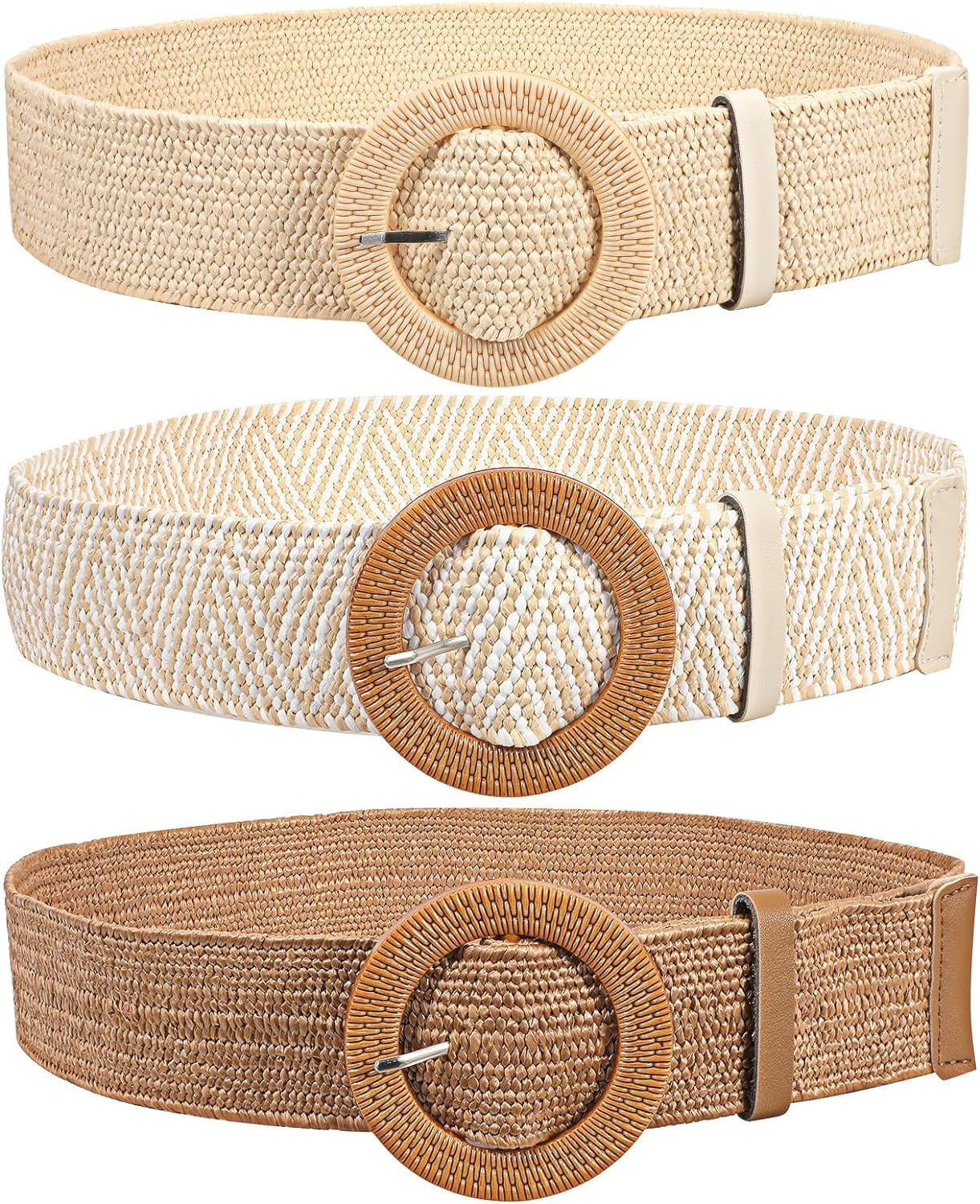 3 Pack Women Straw Woven Elastic Belts Wide Stretch Raffia Waist Belt ...