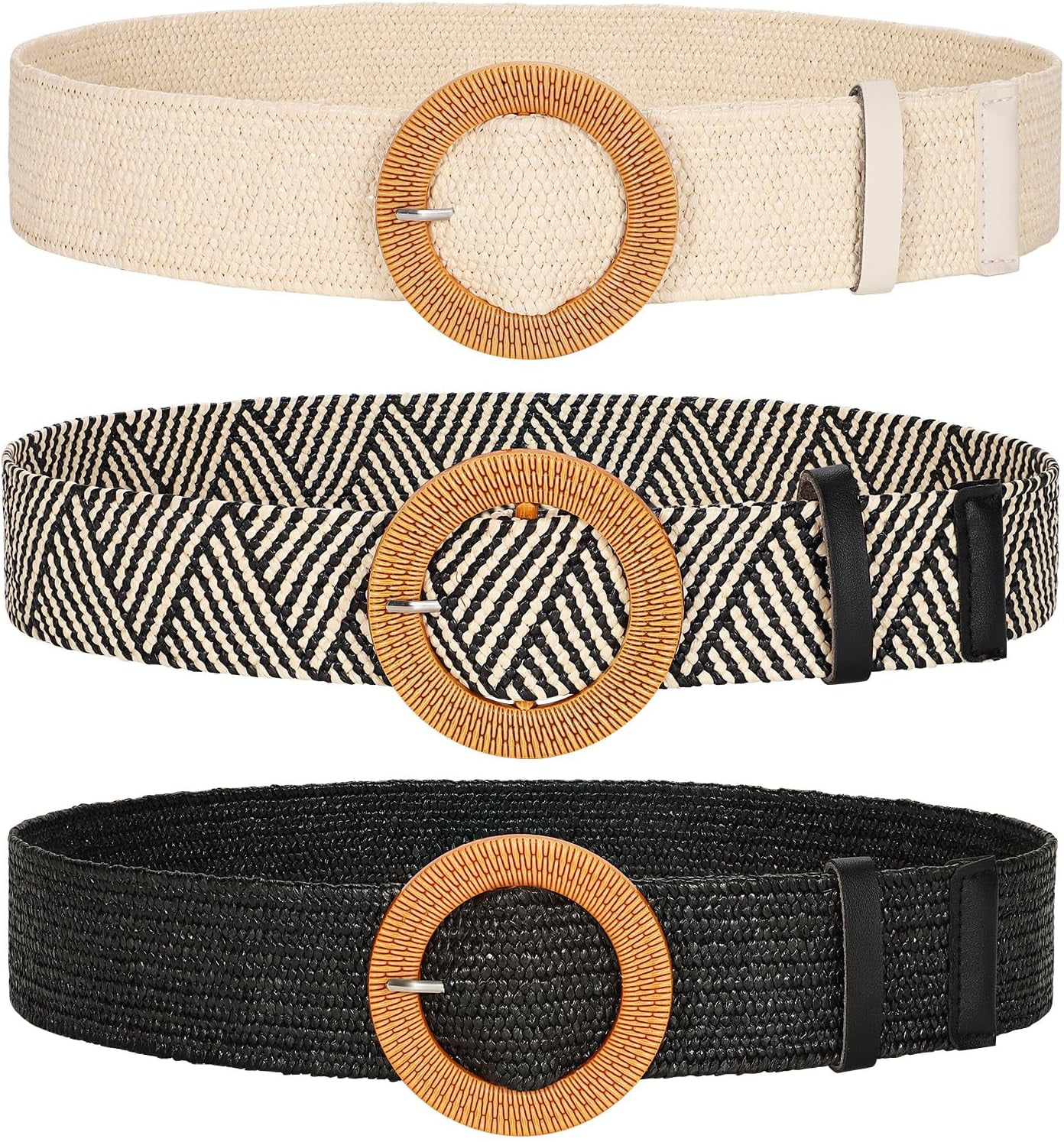 3 Pack Women Straw Woven Elastic Belts Wide Stretch Raffia Waist Belt ...