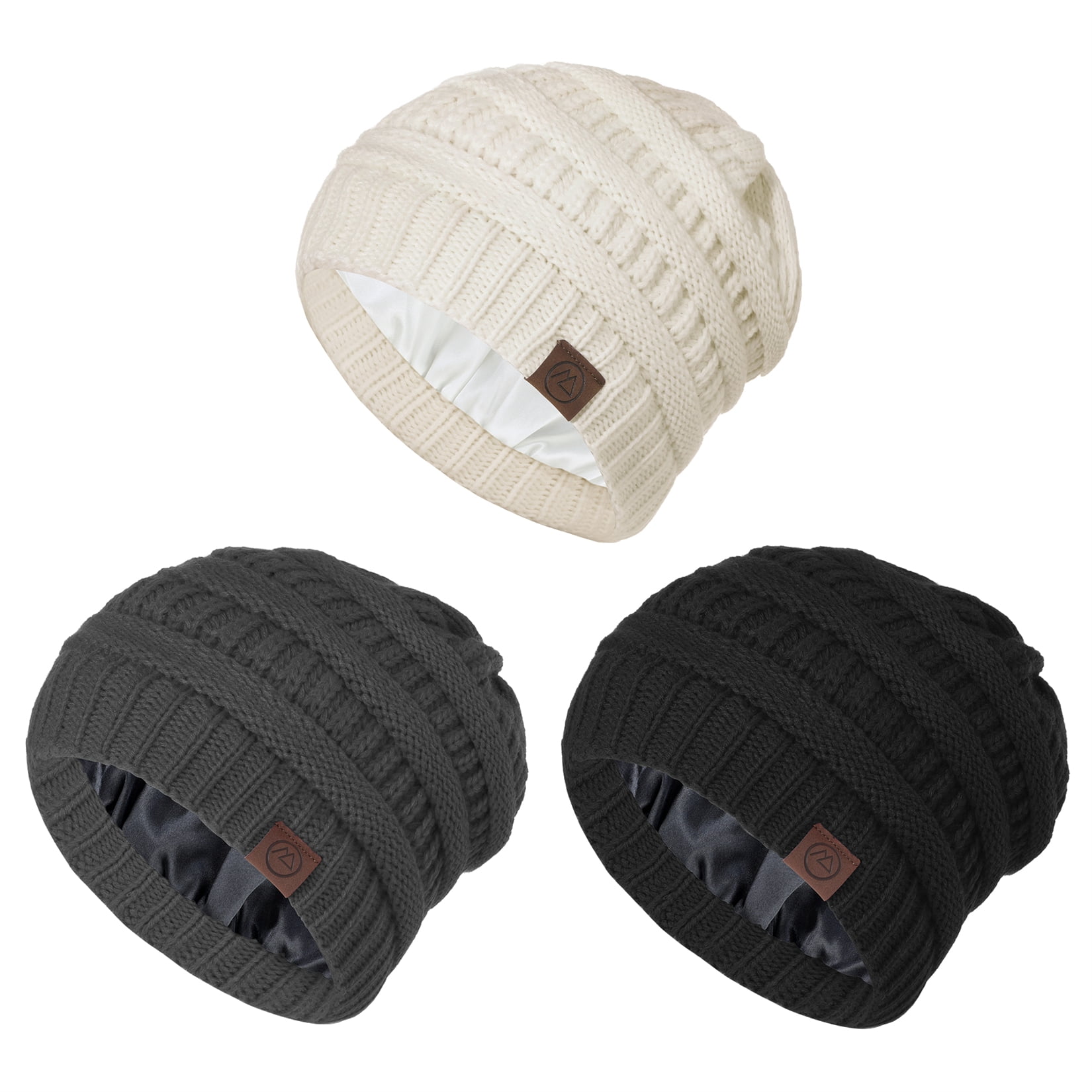 3 Pack Women Winter Hat Chunky Warm Hat for Woman Satin Lined Winter ...