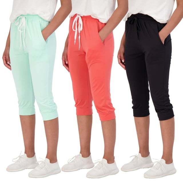 3-Pack: Women's Capri Silky Soft Joggers Cuffed Athletic Comfy Casual Sweatpants with Pockets ...