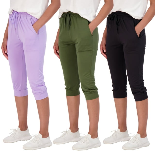 3-Pack: Women's Capri Silky Soft Joggers Cuffed Athletic Comfy Casual Sweatpants with Pockets ...