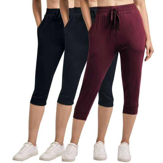 3-Pack: Women's Capri Silky Soft Joggers Cuffed Athletic Comfy Casual Sweatpants with Pockets ...