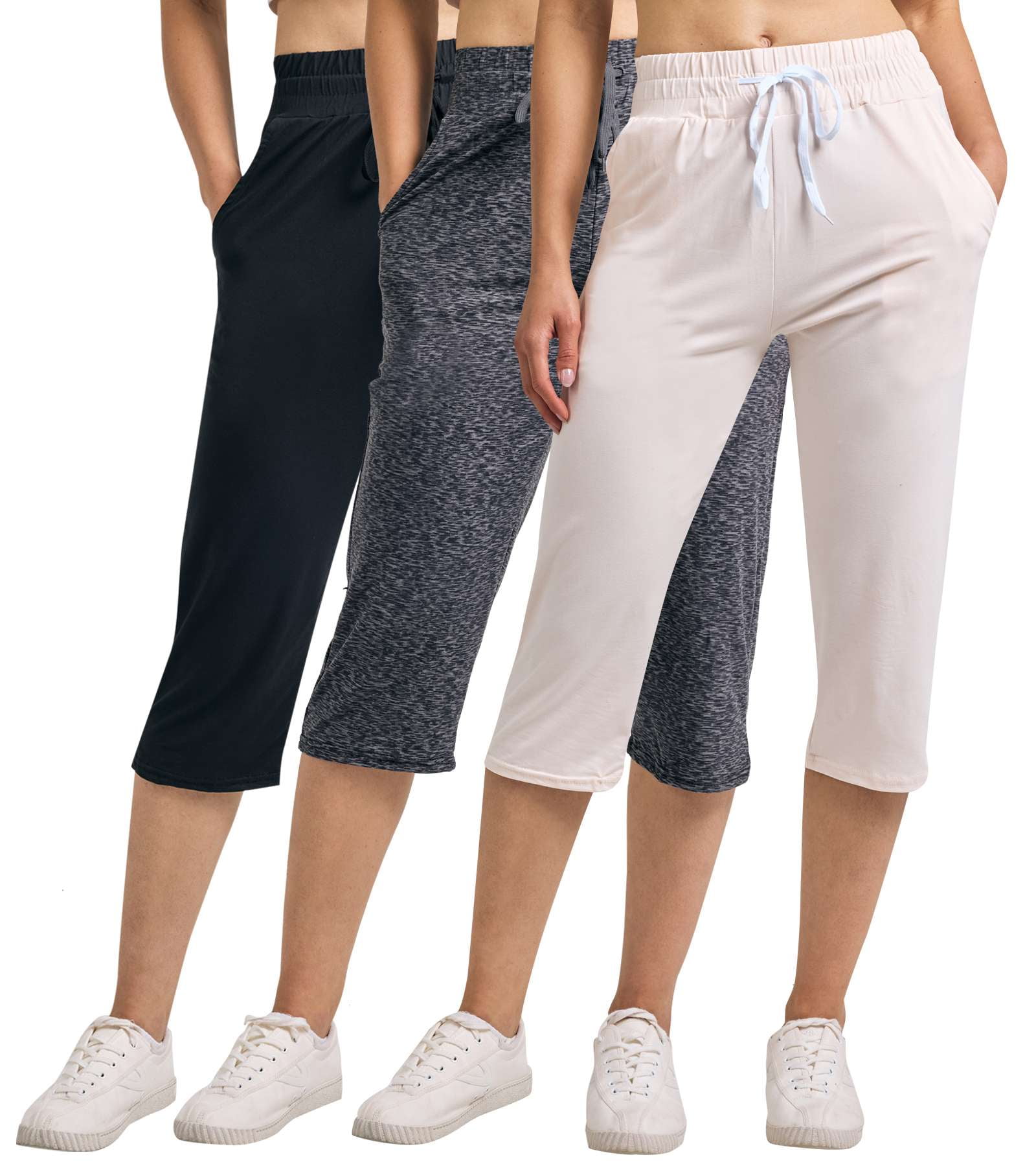 Real Essentials 3-Pack: Women's Capri Open Bottom Soft Sweatpants with ...