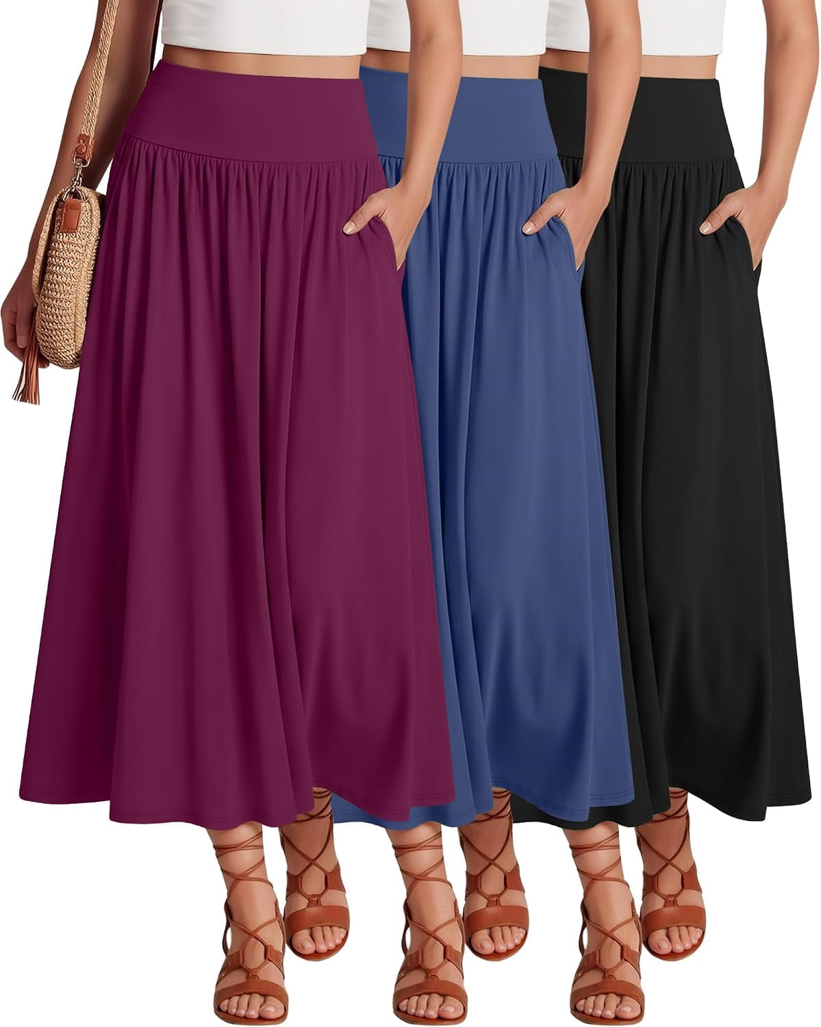 3 Pack Women’s High Waist Flowy A‑Line Midi Skirt Elastic Wide ...