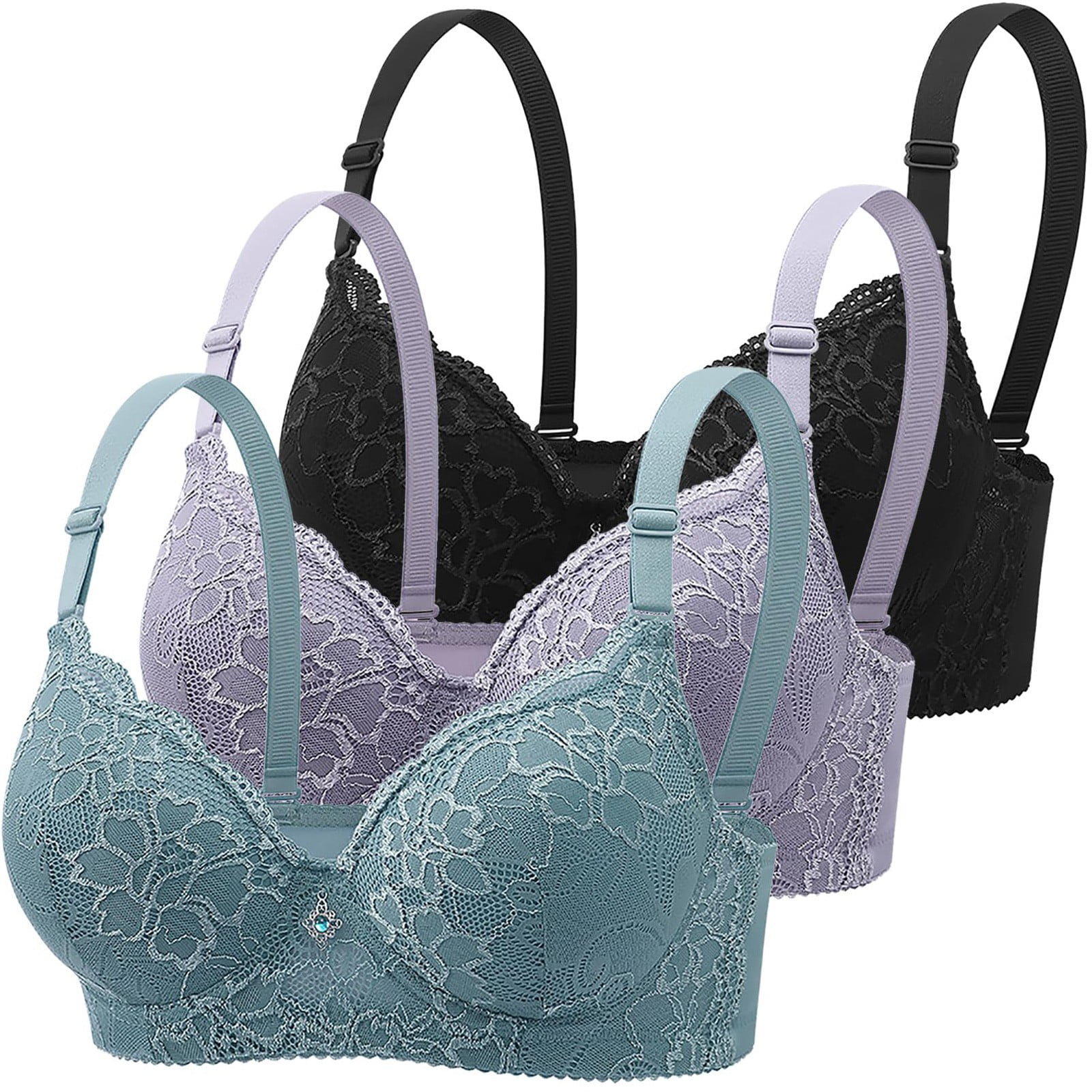 3-Pack Women's Lace Underwire Push-Up Bras - Adjustable Padded Bustier ...