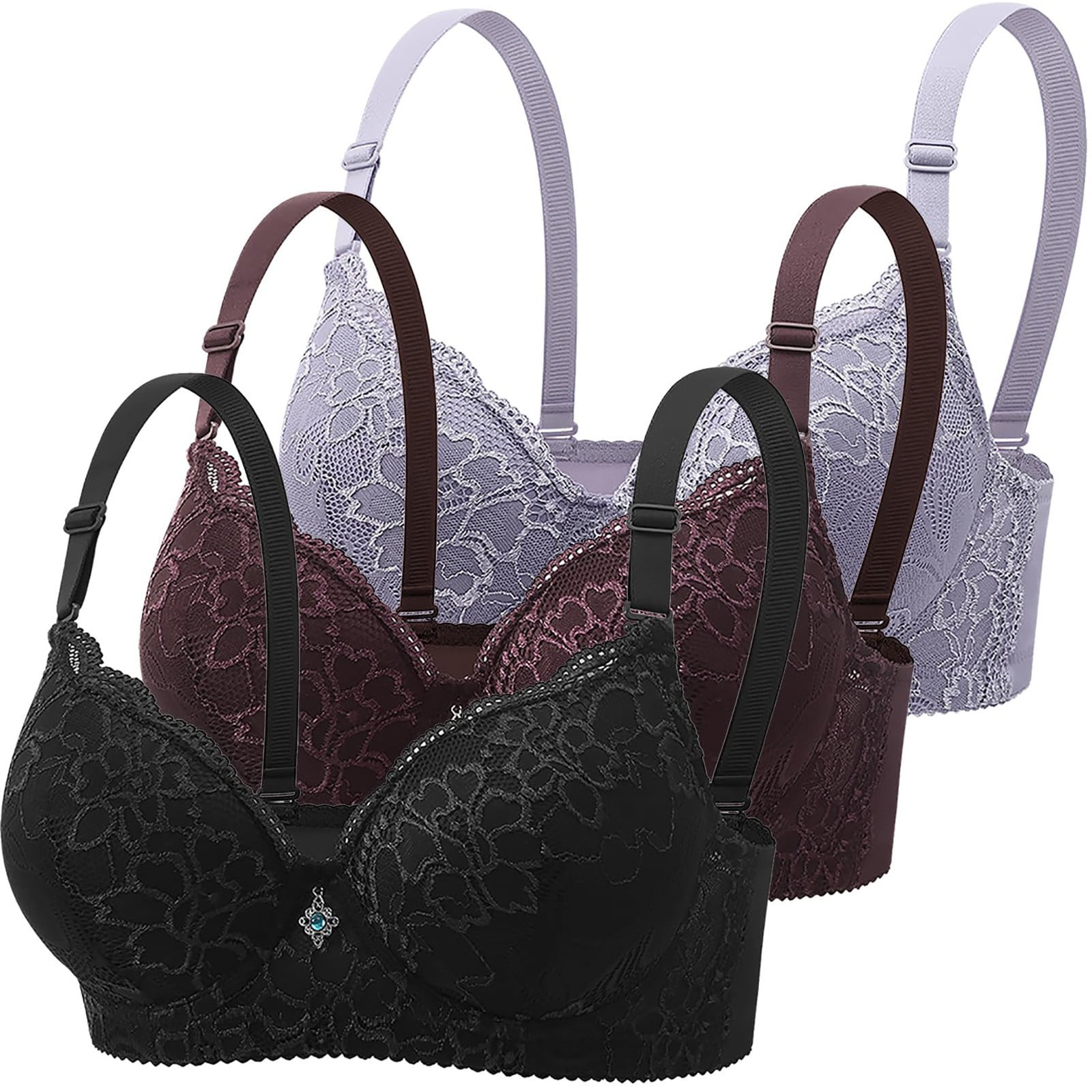 3-Pack Women's Lace Underwire Push-Up Bras - Adjustable Padded Bustier ...