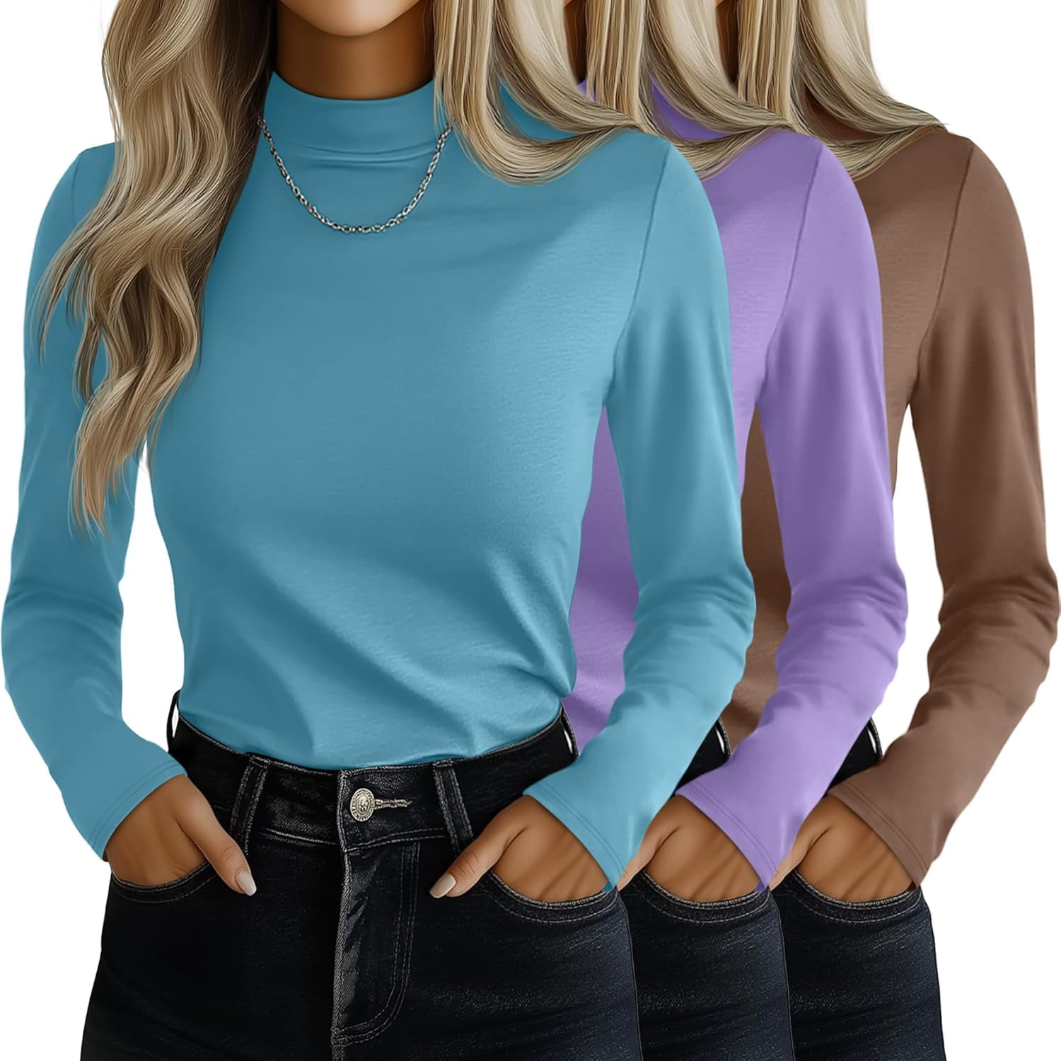 3 Pack Women's Mock Turtleneck Shirts, Long Sleeve Mock Neck Pullover ...