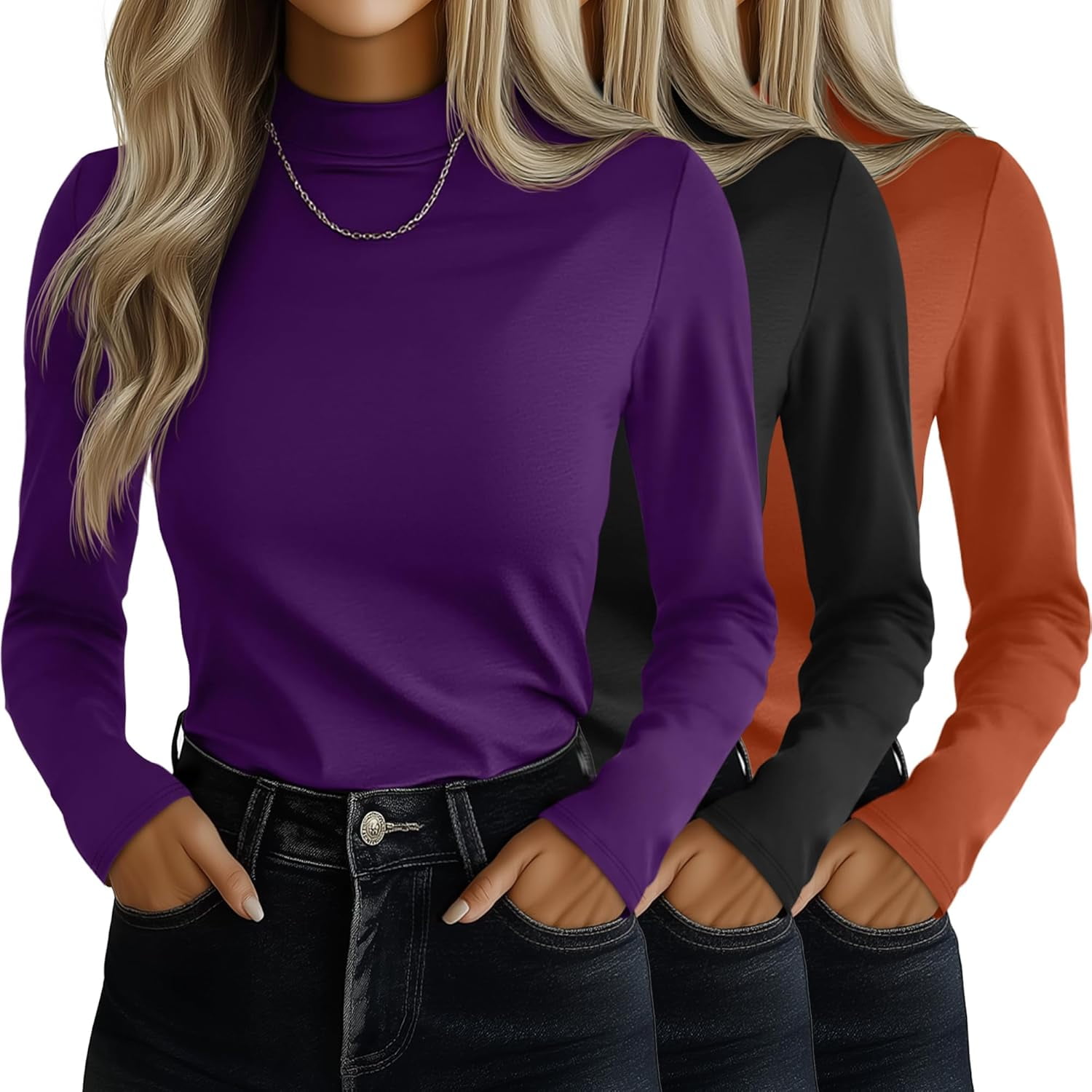 3 Pack Women's Mock Turtleneck Shirts, Long Sleeve Mock Neck Pullover ...