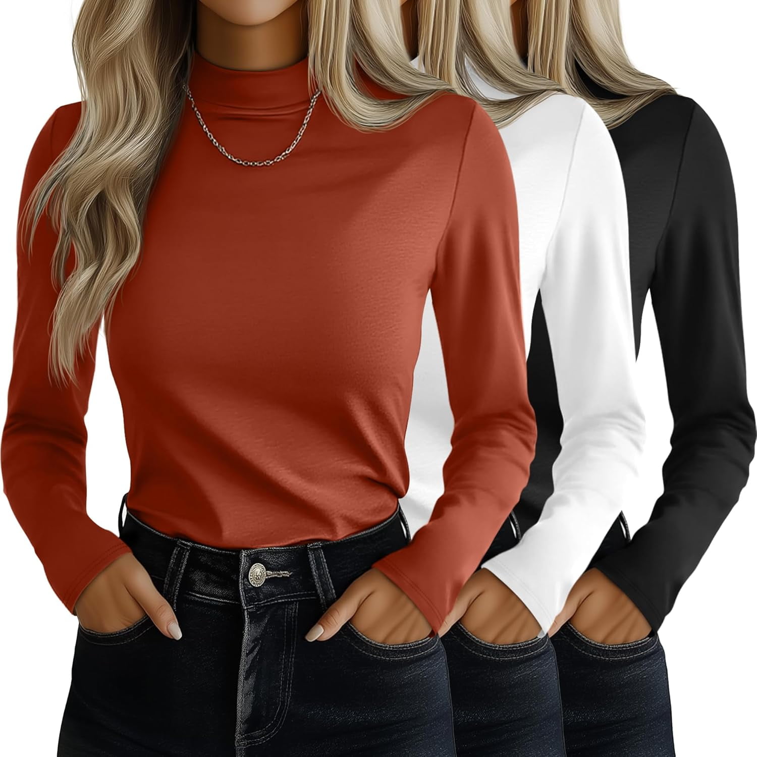 3 Pack Women's Mock Turtleneck Shirts, Long Sleeve Mock Neck Pullover ...