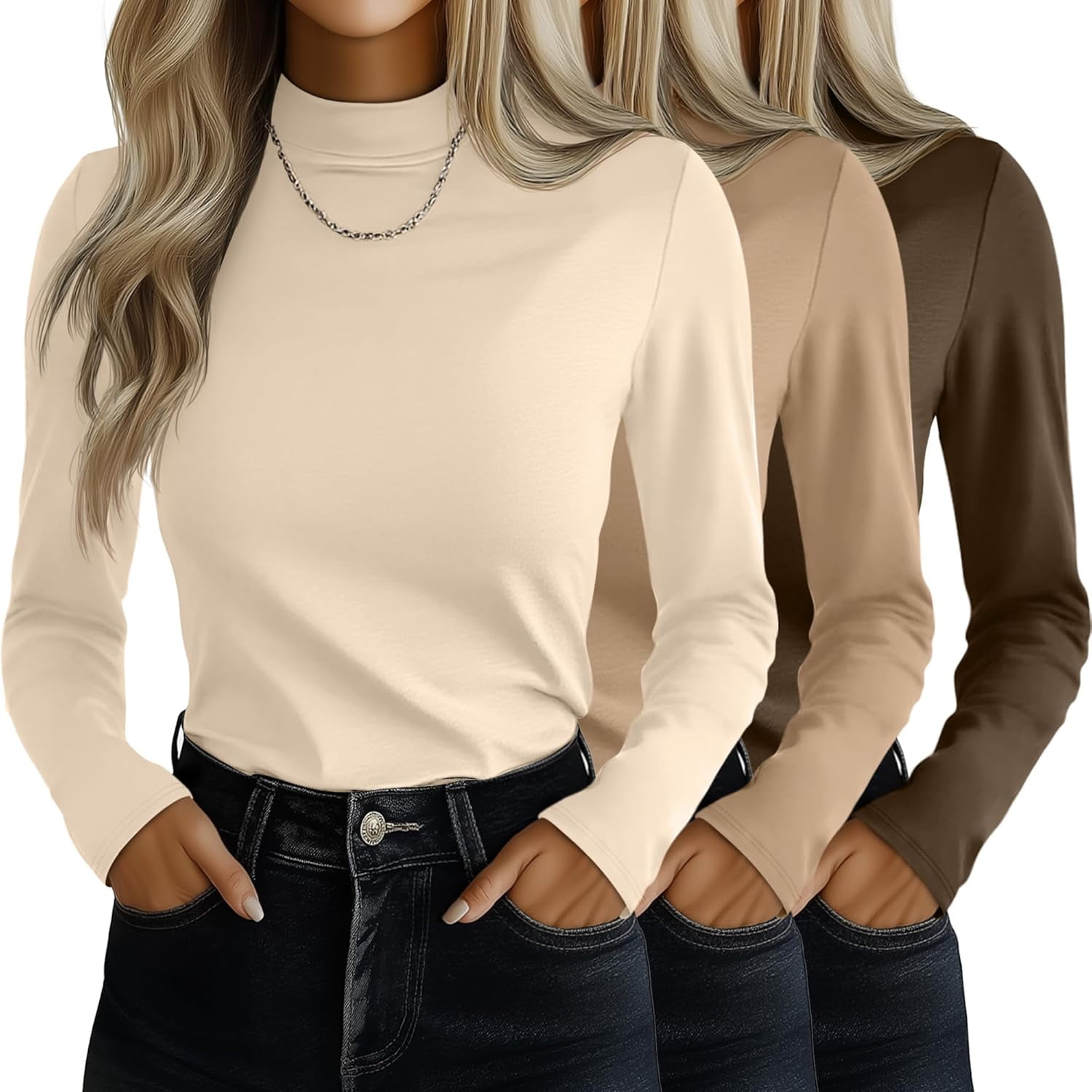 3 Pack Women's Mock Turtleneck Shirts, Long Sleeve Mock Neck Pullover ...