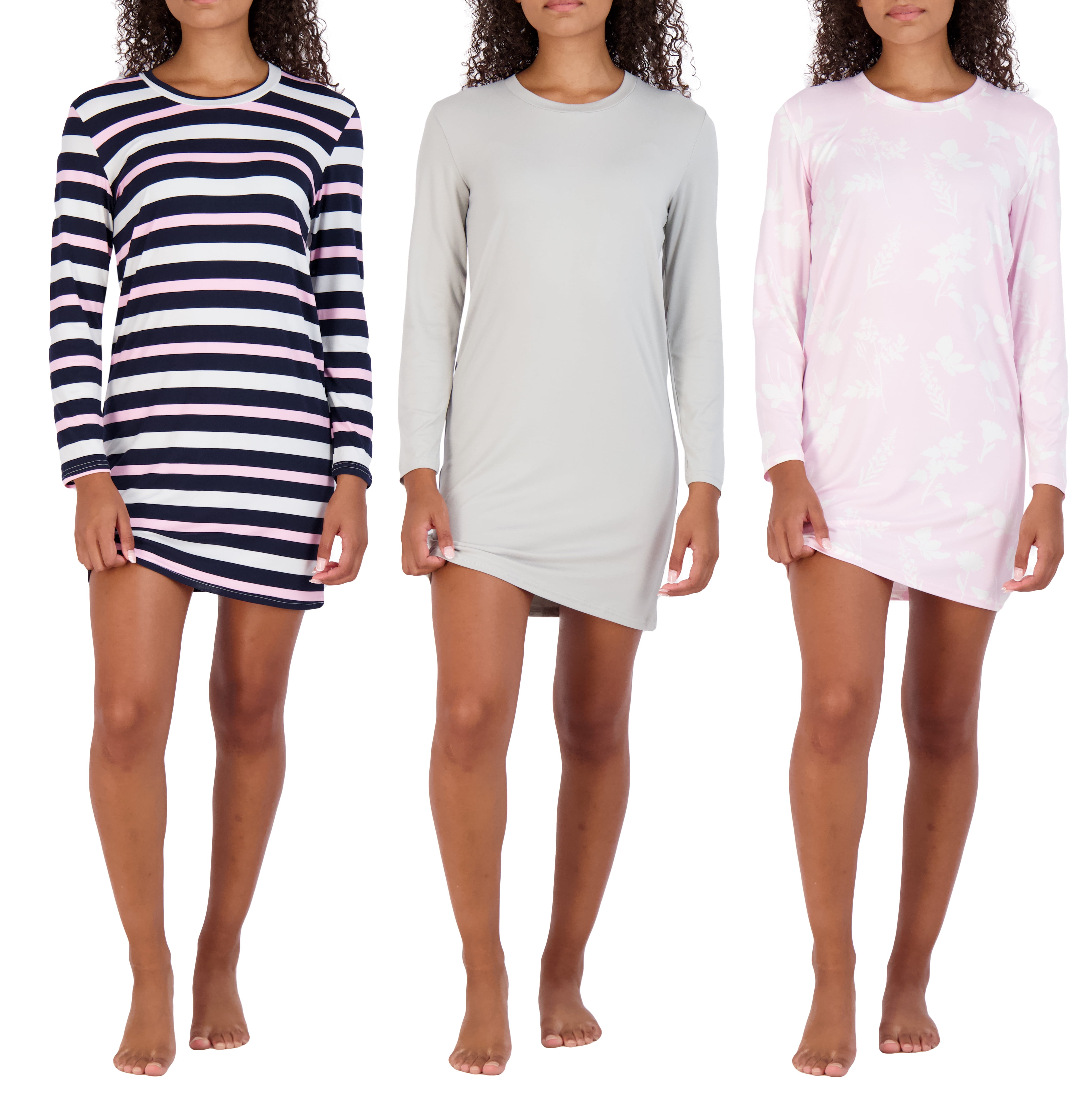3 Pack: Women's Nightshirt Long Sleeve Ultra-Soft Print Nightgown Sleep ...