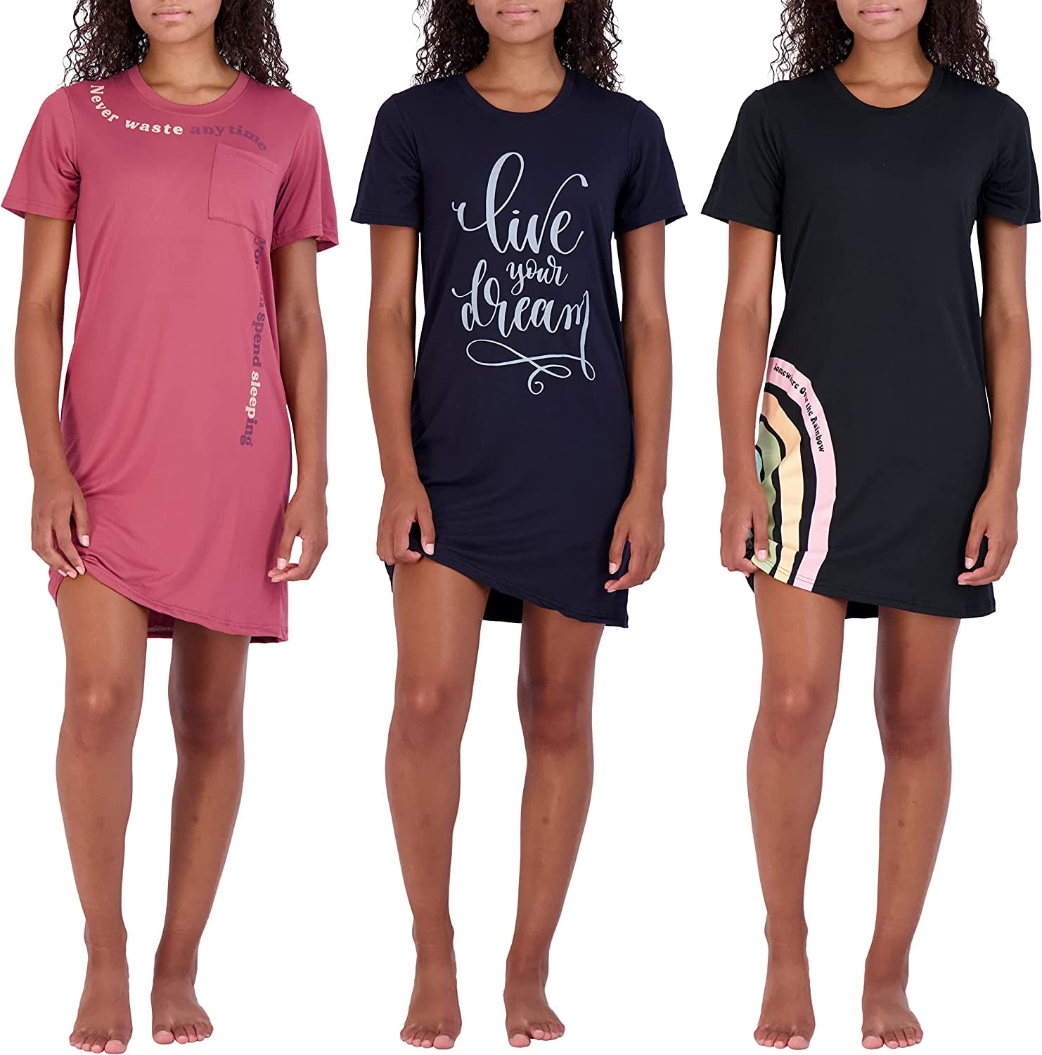 3 Pack: Women's Printed Nightshirt Short Sleeve Ultra-Soft Nightgown ...