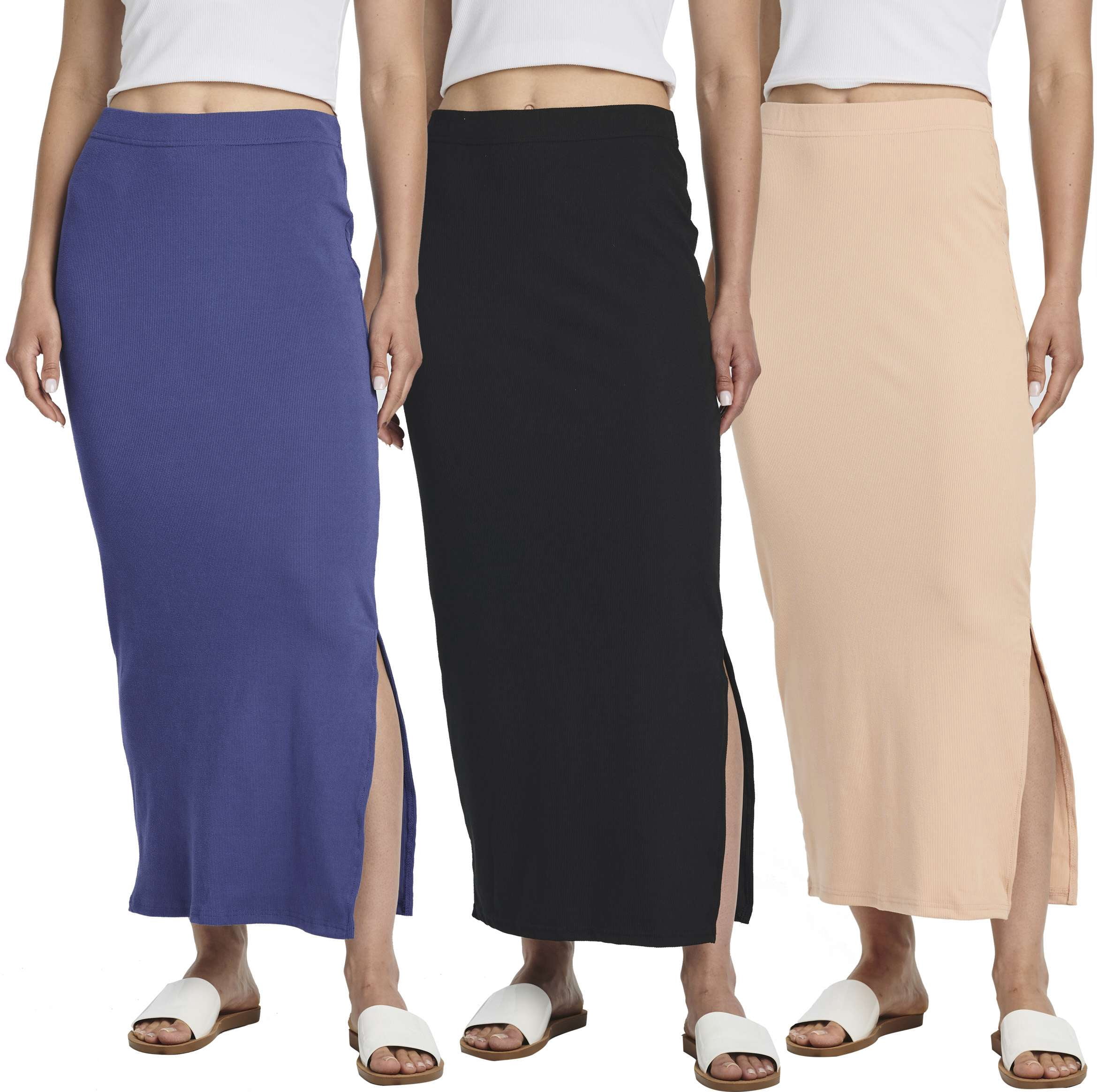 Real Essentials 3 Pack: Women's Ribbed High Waisted Maxi Skirt with ...