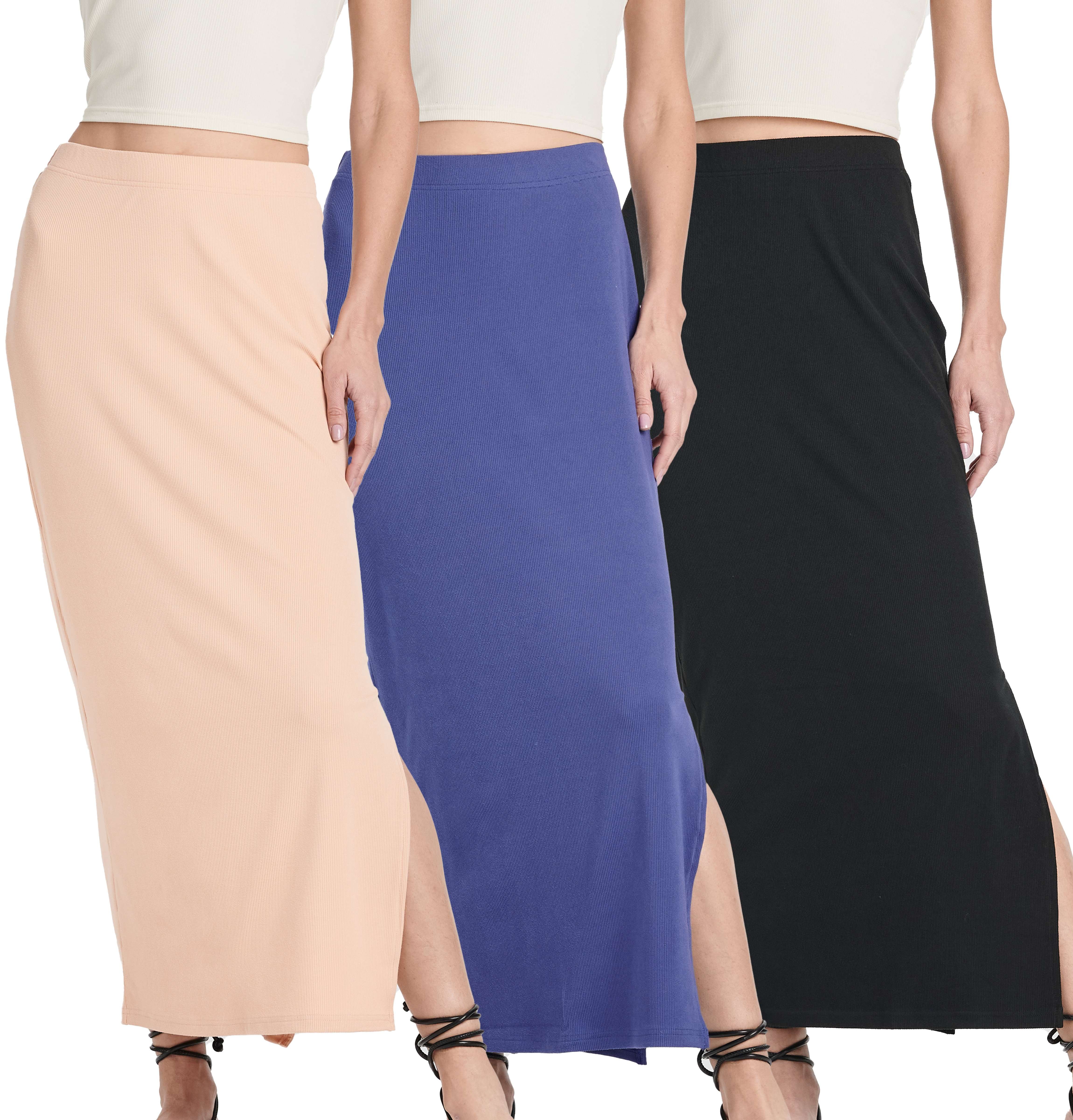 3 Pack: Women's Ribbed High Waisted Maxi Skirt With Side Slit - Casual ...