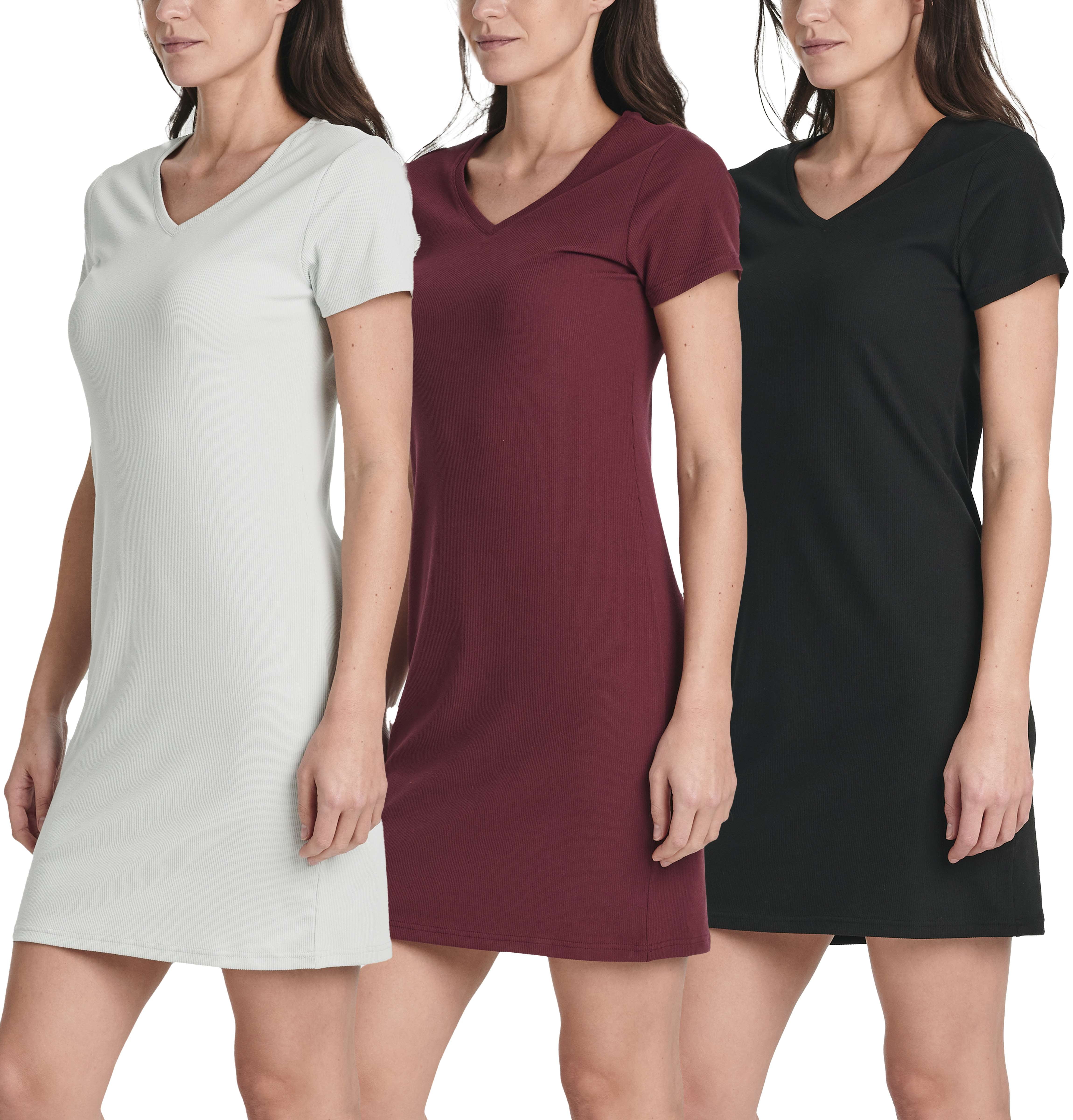 3 Pack: Women's Ribbed Knit Short-Sleeve V-Neck Swing T-Shirt Casual ...