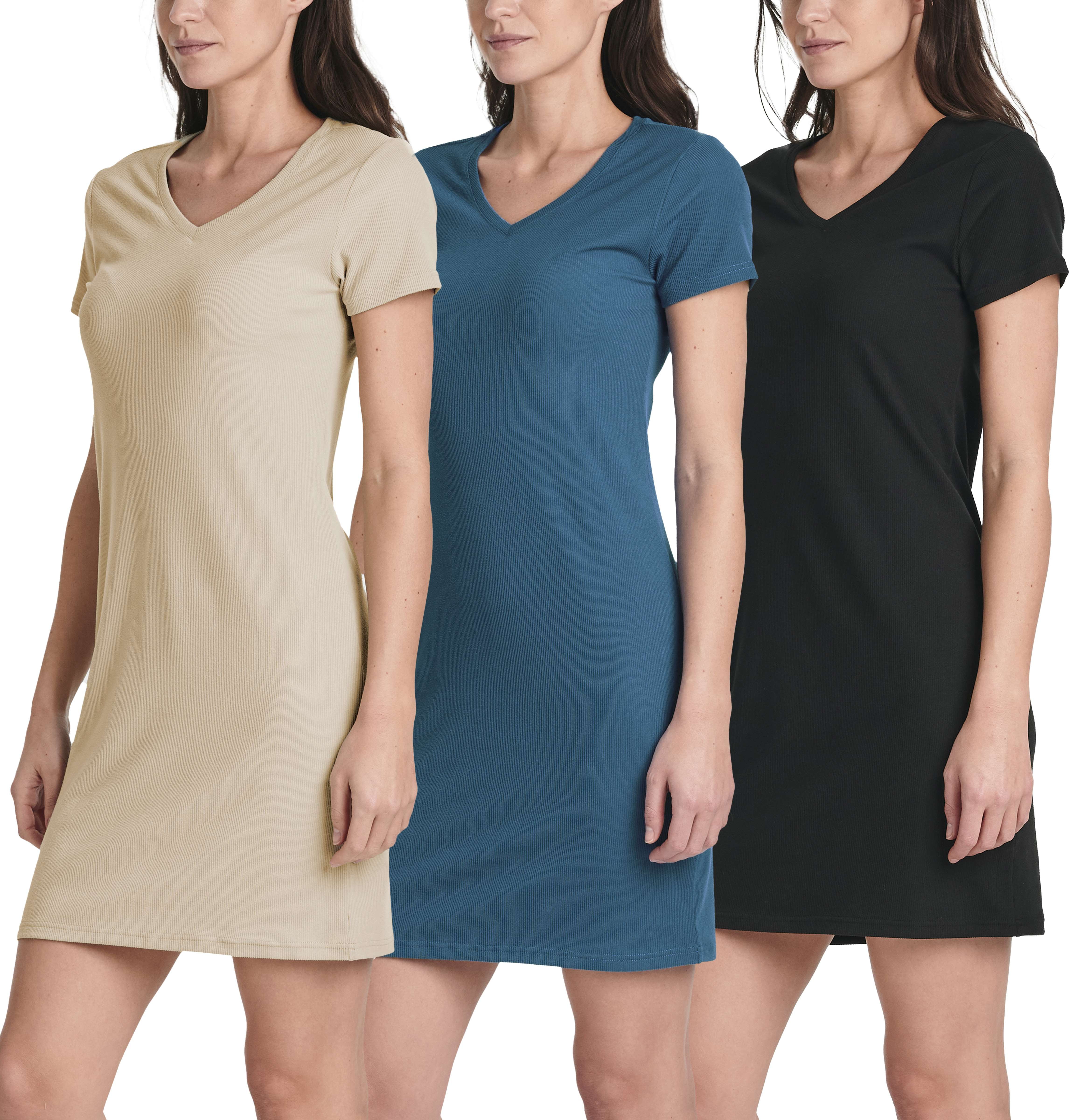 3 Pack: Women's Ribbed Knit Short-Sleeve V-Neck Swing T-Shirt Casual ...