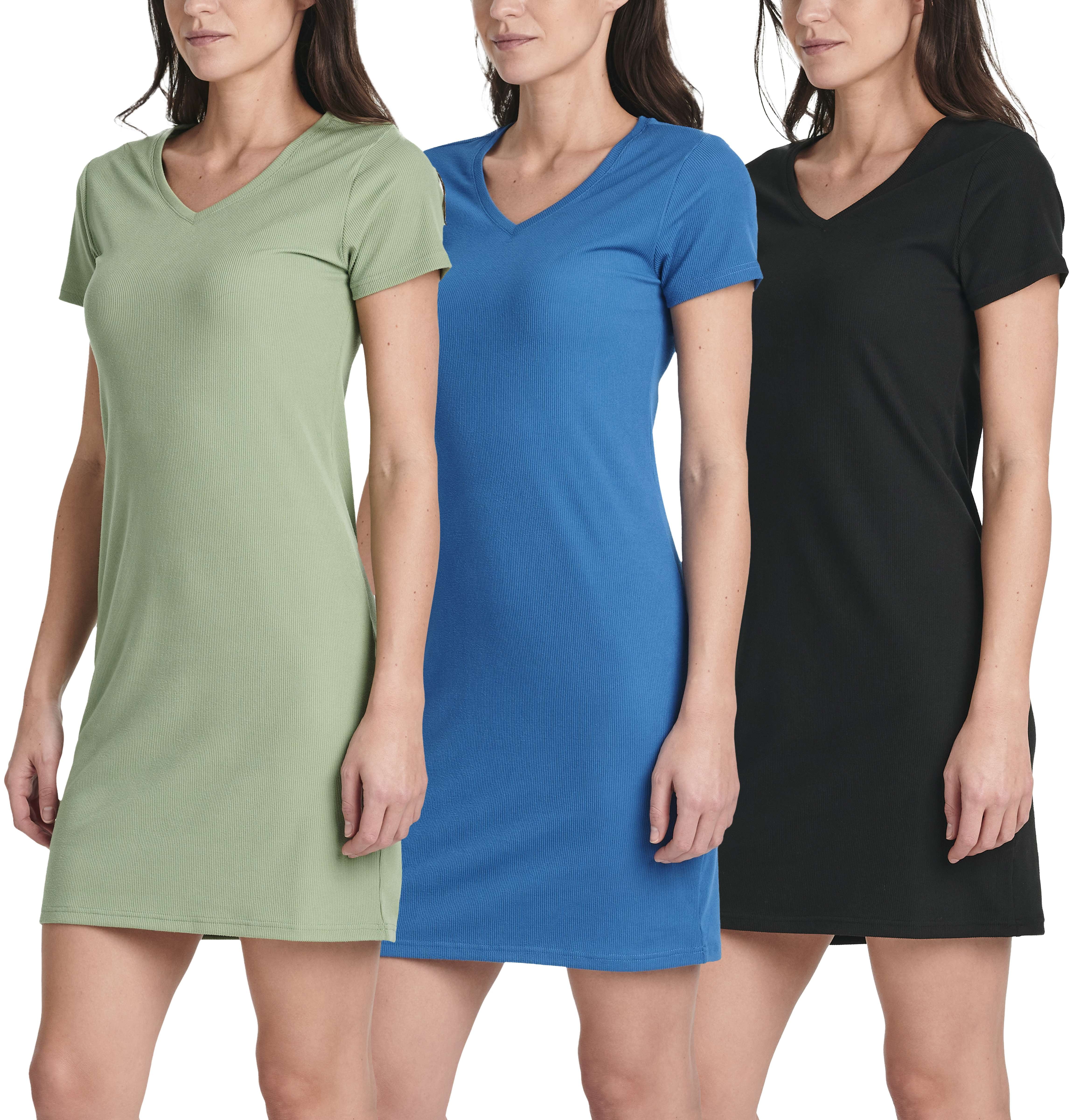 3 Pack: Women's Ribbed Knit Short-Sleeve V-Neck Swing T-Shirt Casual ...