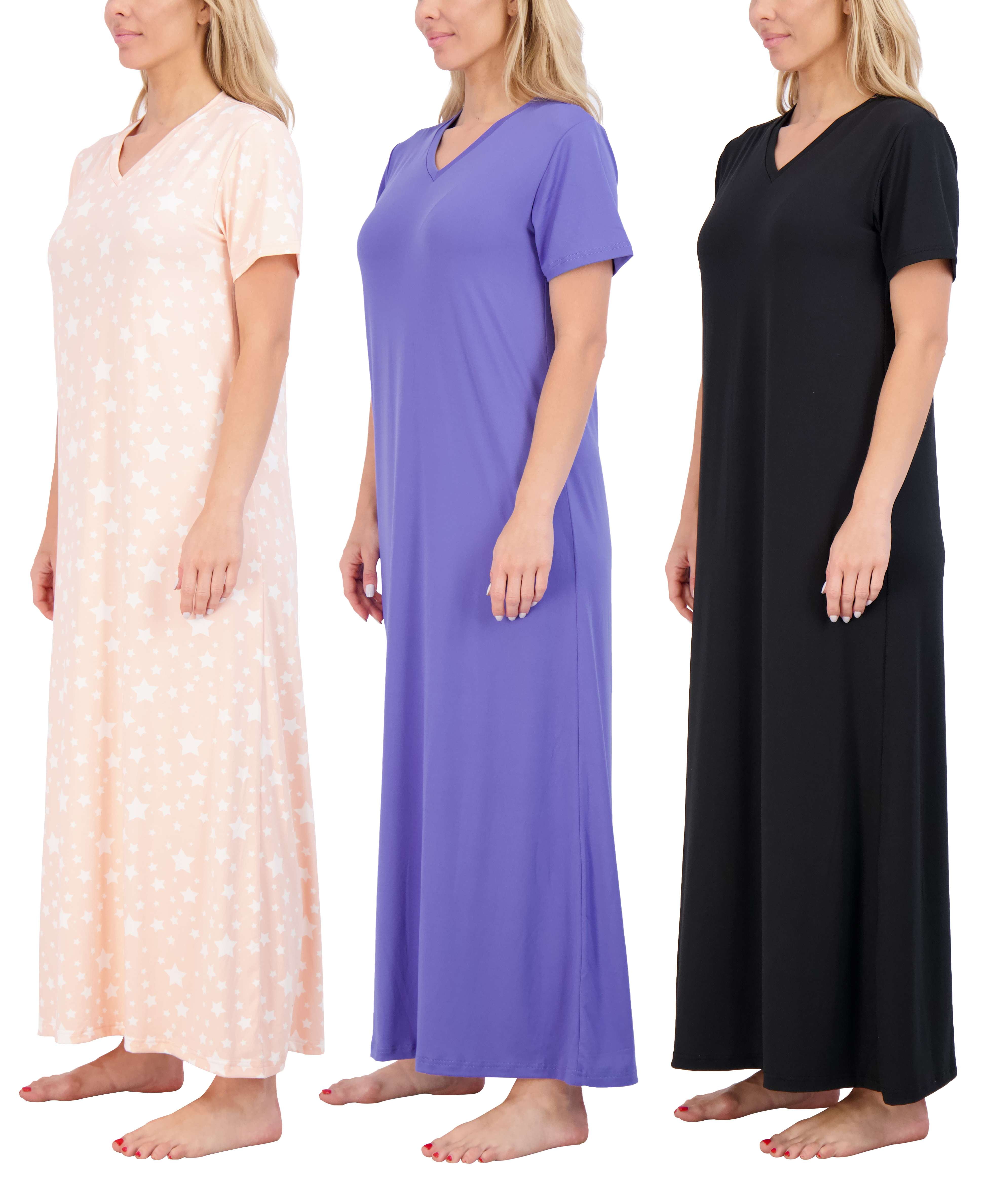 Real Essentials 3 Pack: Women's V-Neck Long Nightgowns, Short Sleeve ...