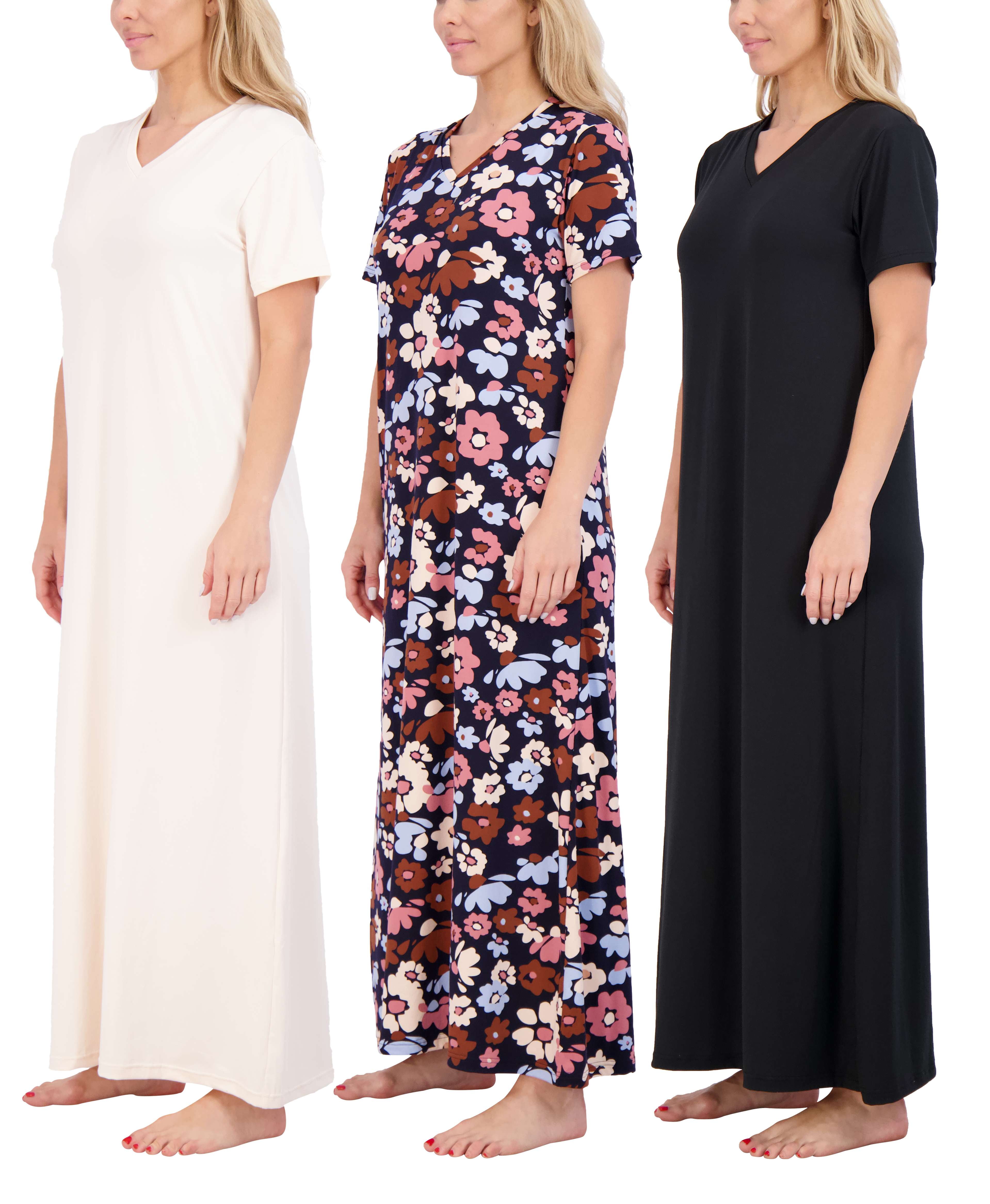 Real Essentials 3-Pack: Women's Short Sleeve V-Neck Long Nightgowns ...