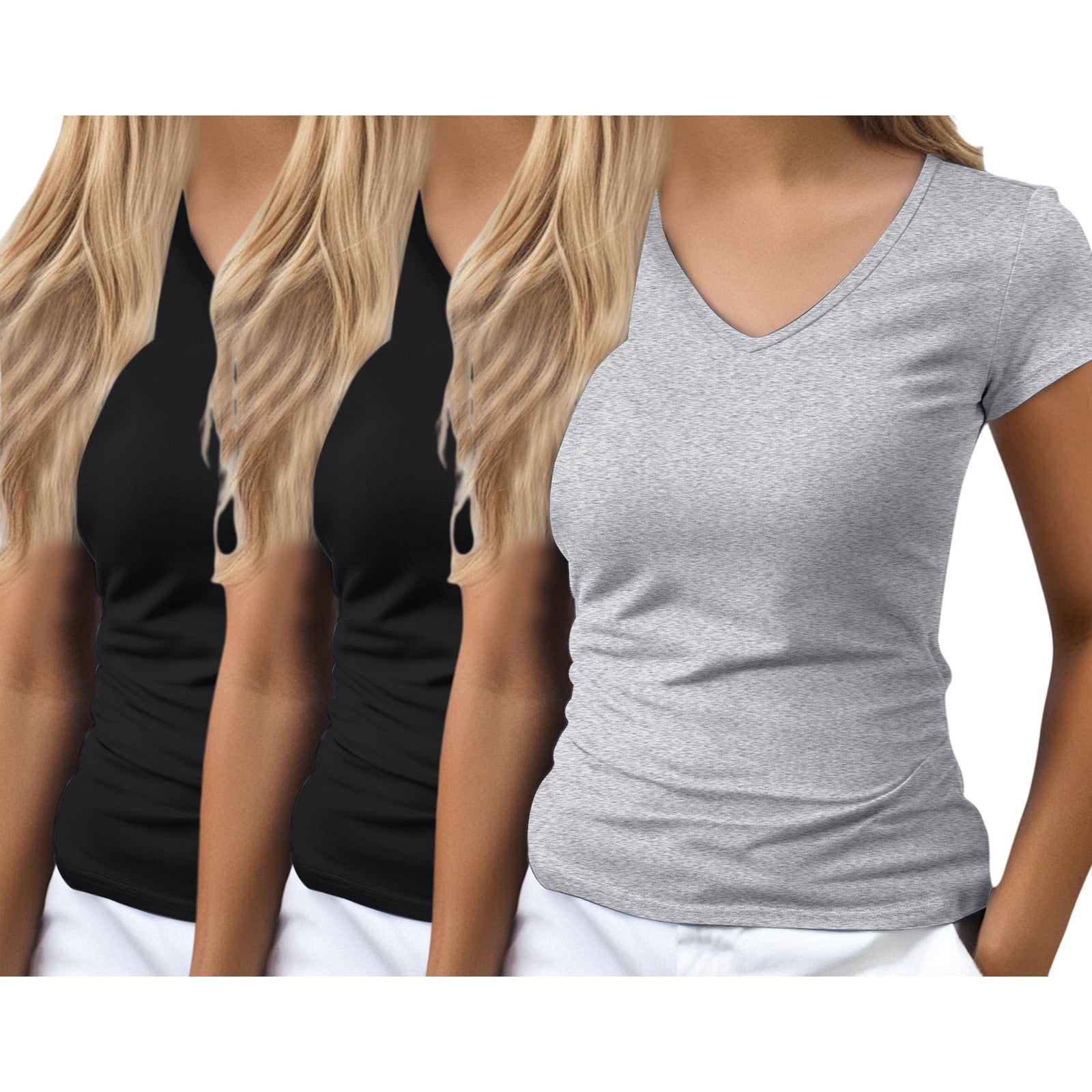 3 Pack Women's Summer Regular Shoulder Slim Fit Solid Color V Neck ...
